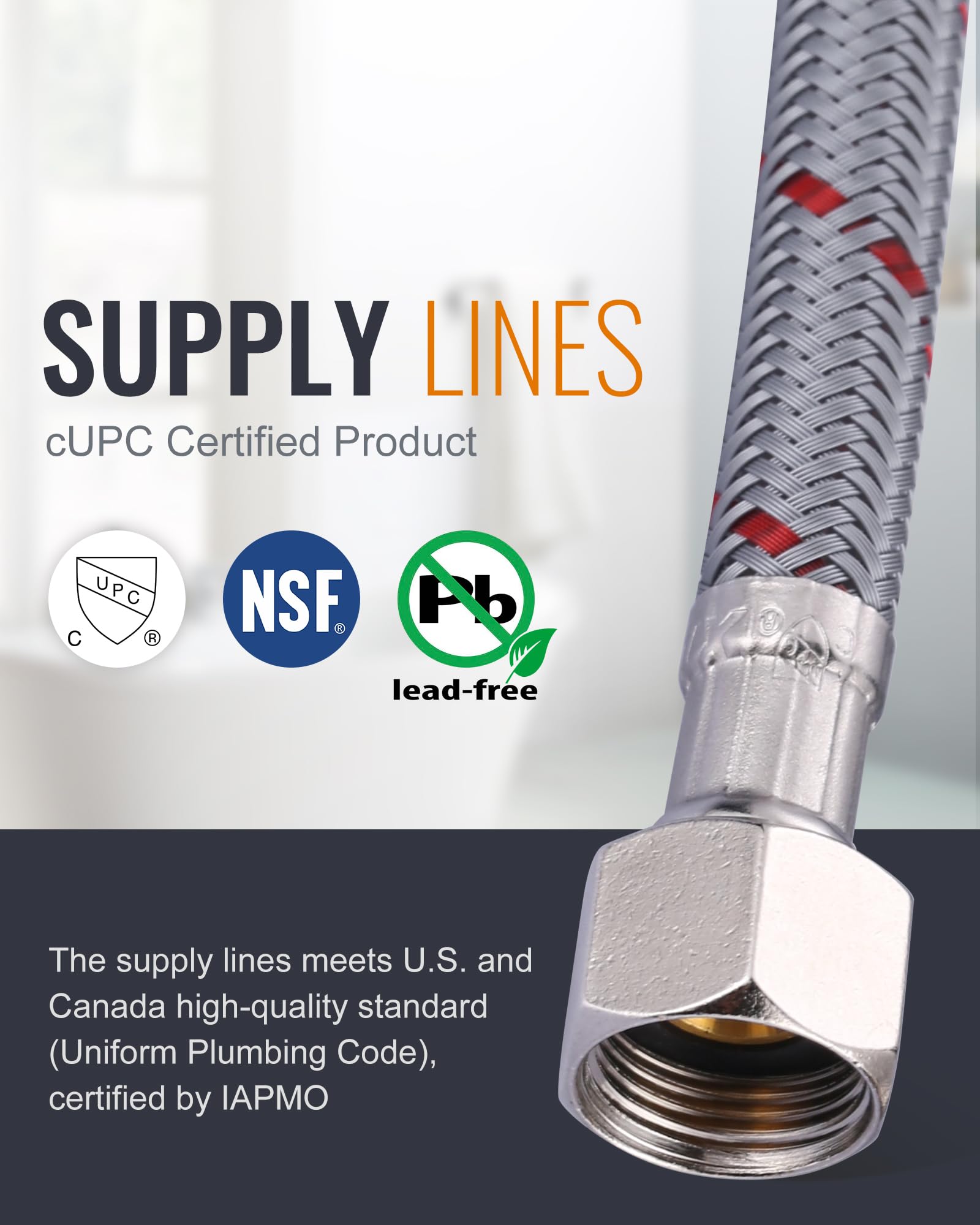 Faucet Supply Lines: WOWOW 40" Bathroom Sink Faucet Hose, Braided Nylon cUPC Supply Lines 3/8" Female Compression Thread × M8 Male Connector,Stainless Steel Braided Supply Line(1 Pair)