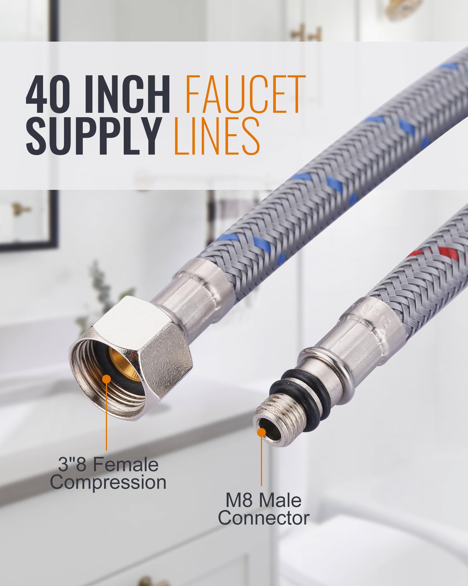 Faucet Supply Lines: WOWOW 40" Bathroom Sink Faucet Hose, Braided Nylon cUPC Supply Lines 3/8" Female Compression Thread × M8 Male Connector,Stainless Steel Braided Supply Line(1 Pair)