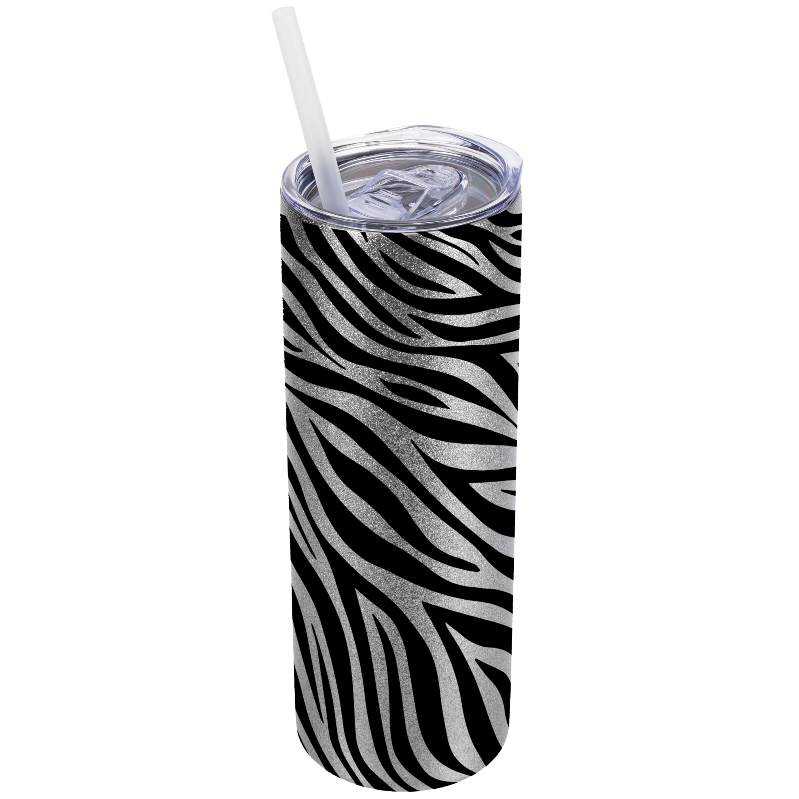 Elanze Designs Zebra Animal Print Wrap-Around Design 20 Ounce Insulated Stainless Steel Coffee Travel Tumbler Mug Cup, Slide Top Lid & Reusable Straw, Silver Sparkle Glitter