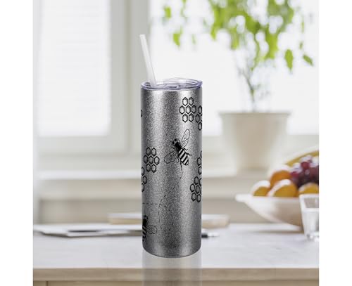 Elanze Designs Bumble Bee Hive Honeycomb Wrap-Around Design 20 Ounce Insulated Stainless Steel Coffee Travel Tumbler Mug Cup, Slide Top Lid & Reusable Straw, Silver Sparkle Glitter