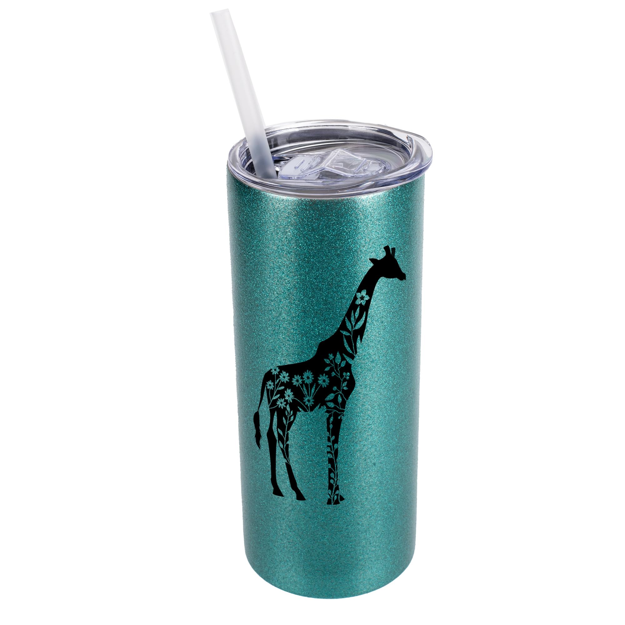 Elanze Designs Cheetah Animal Print Wrap-Around Design 20 Ounce Insulated Stainless Steel Coffee Travel Tumbler Mug Cup, Slide Top Lid & Reusable Straw, Turquoise Blue Glitter