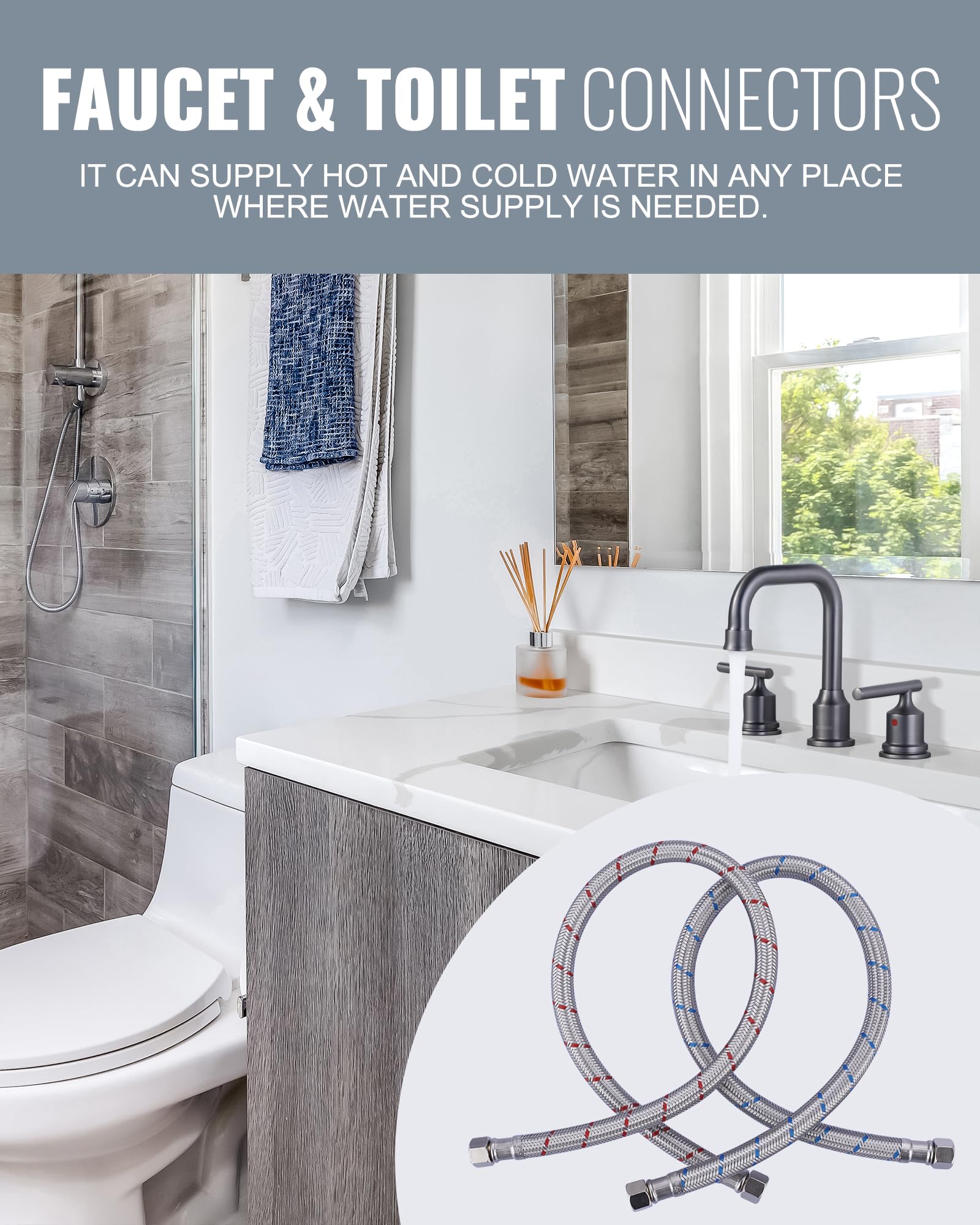 ALEASHA 72” Length Faucet Supply Lines,Flexible Faucet Hose Connector 3/8" to 3/8" Female Compression Thread Stainless Steel Braided Bathroom Kitchen Faucet Extension Water Supply Line,2Pcs
