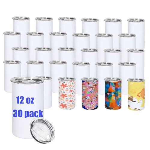 Icesip 30 Pack 12 OZ Sublimation Tumblers Blanks, Bulk Tumbler Blank for Sublimation Cups with Lids and Straws, Stainless Steel Double Wall Insulated Straight