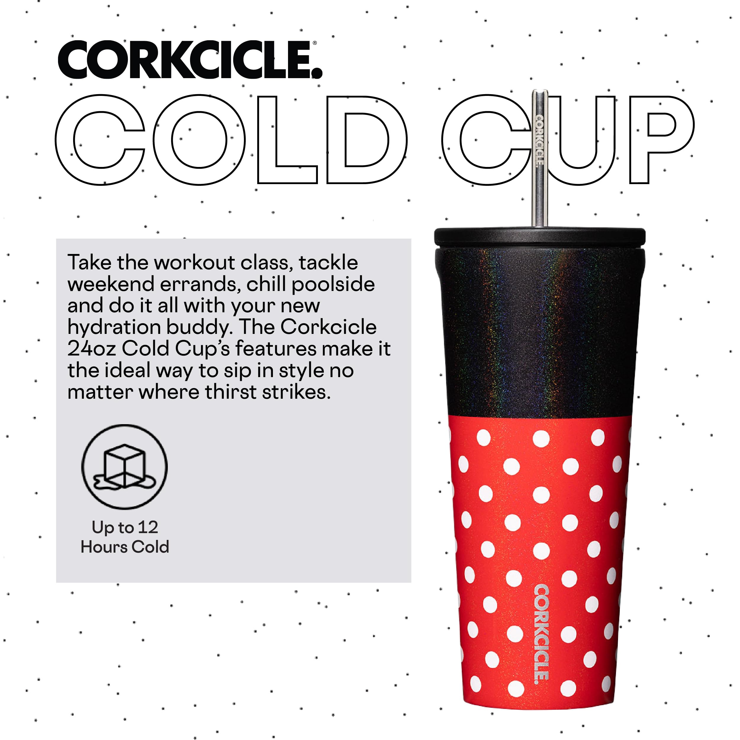 Corkcicle x Disney Minnie Mouse Cold Cup Insulated Tumbler with Lid and Straw, Polka Dot Red, 24 oz – Reusable Water Bottle Keeps Beverages Cold 12hrs, Hot 5hrs – Cupholder Friendly, Flexible Sip Lid