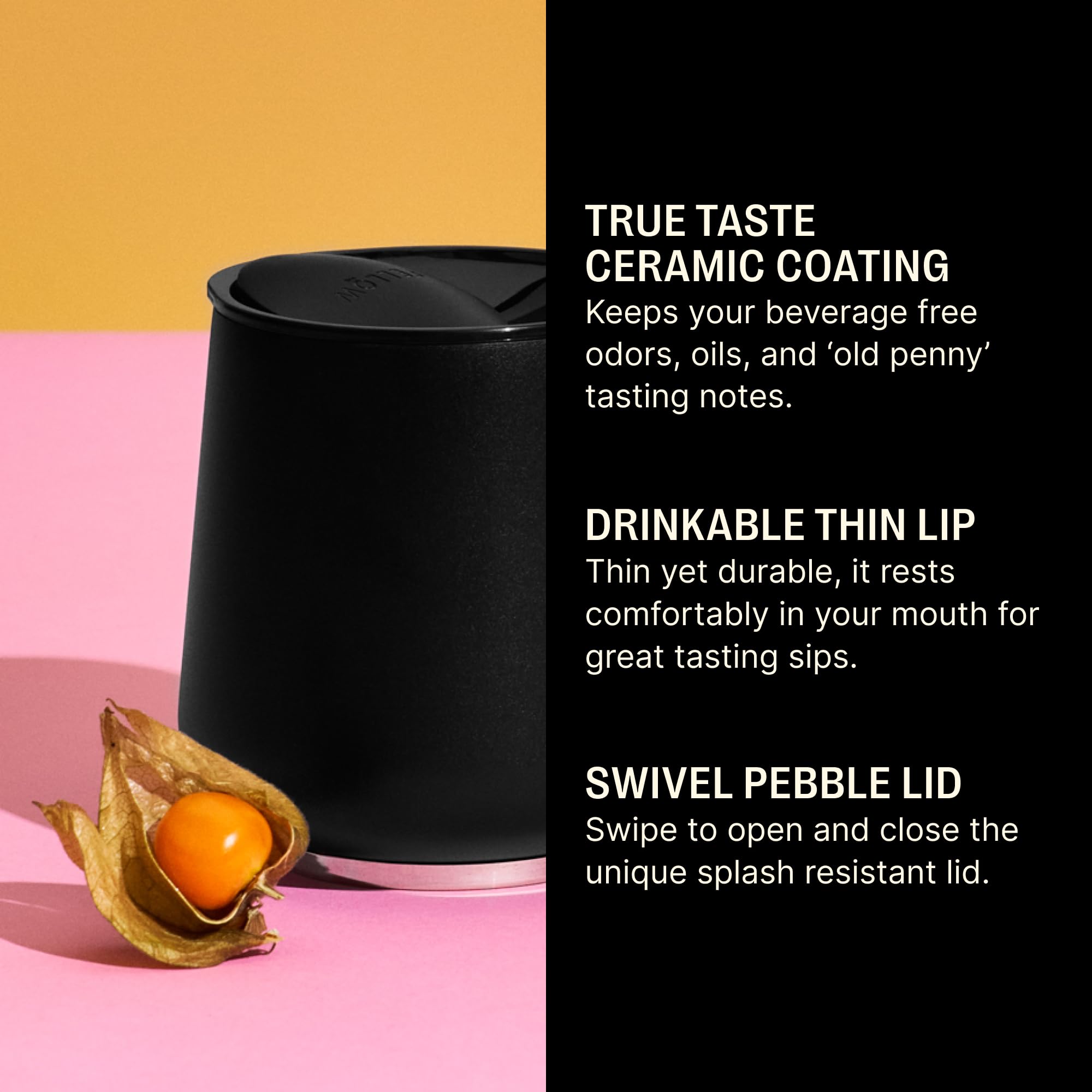 Fellow 12 oz Ruby Wine Tumbler - Insulated Stainless Steel Wine and Cocktail Tumbler with Ceramic Interior and Swivel Pebble Lid (Matte Black)