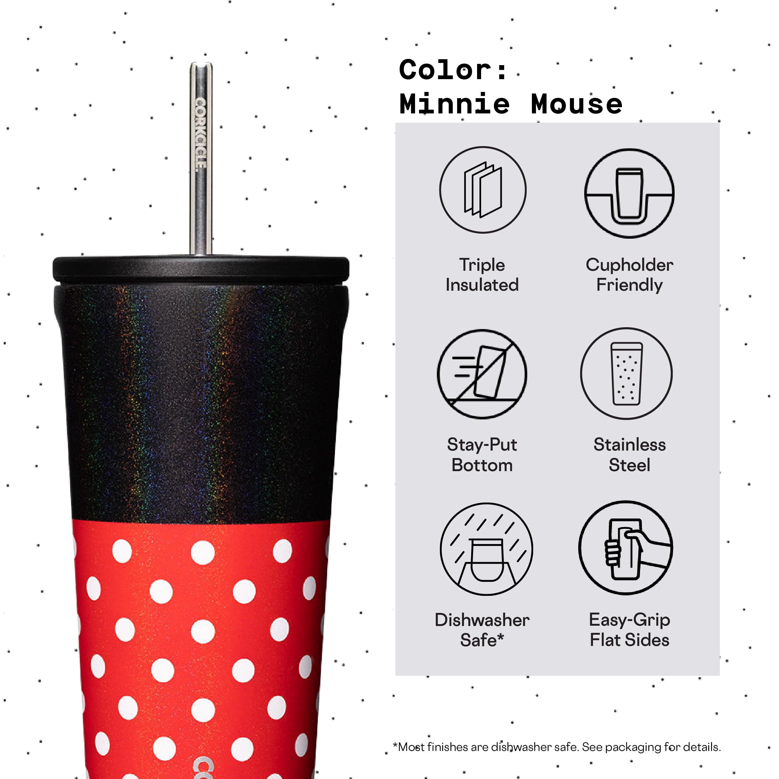 Corkcicle x Disney Minnie Mouse Cold Cup Insulated Tumbler with Lid and Straw, Polka Dot Red, 24 oz – Reusable Water Bottle Keeps Beverages Cold 12hrs, Hot 5hrs – Cupholder Friendly, Flexible Sip Lid