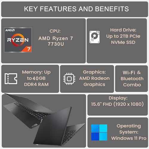 Lenovo V-Series V15 Business Laptop, 15.6" FHD Display, AMD Ryzen 7 7730U, 24GB RAM, 1TB SSD, Numeric Keypad, HDMI, RJ45, Webcam, Wi-Fi, Windows 11 Pro, Black