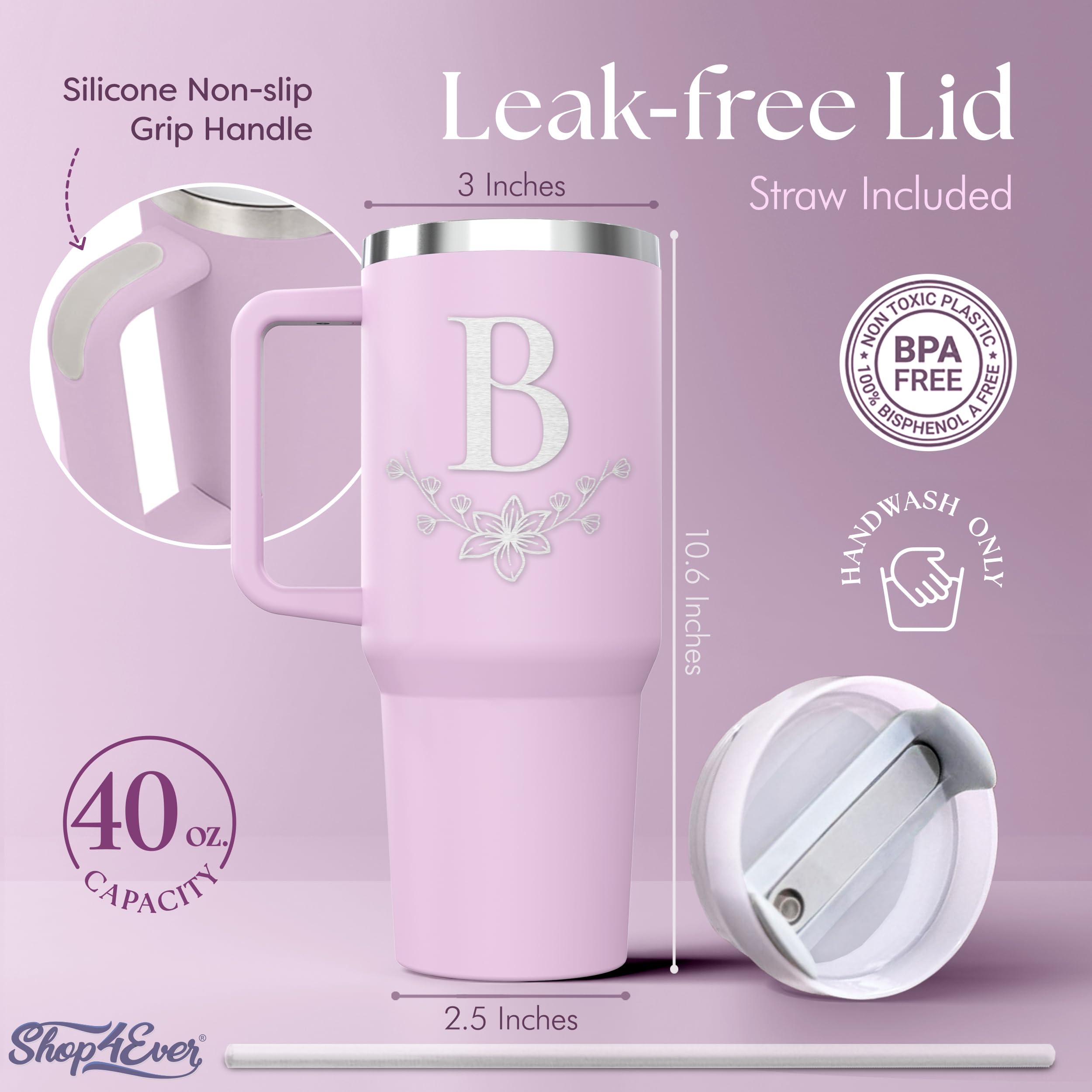 Custom Personalized Floral Flower Monogam Initial Letter A-Z Engraved Insulated Stainless Steel Tumbler with Handle, Lid, and Straw 40 oz. Monogrammed Gift for Her
