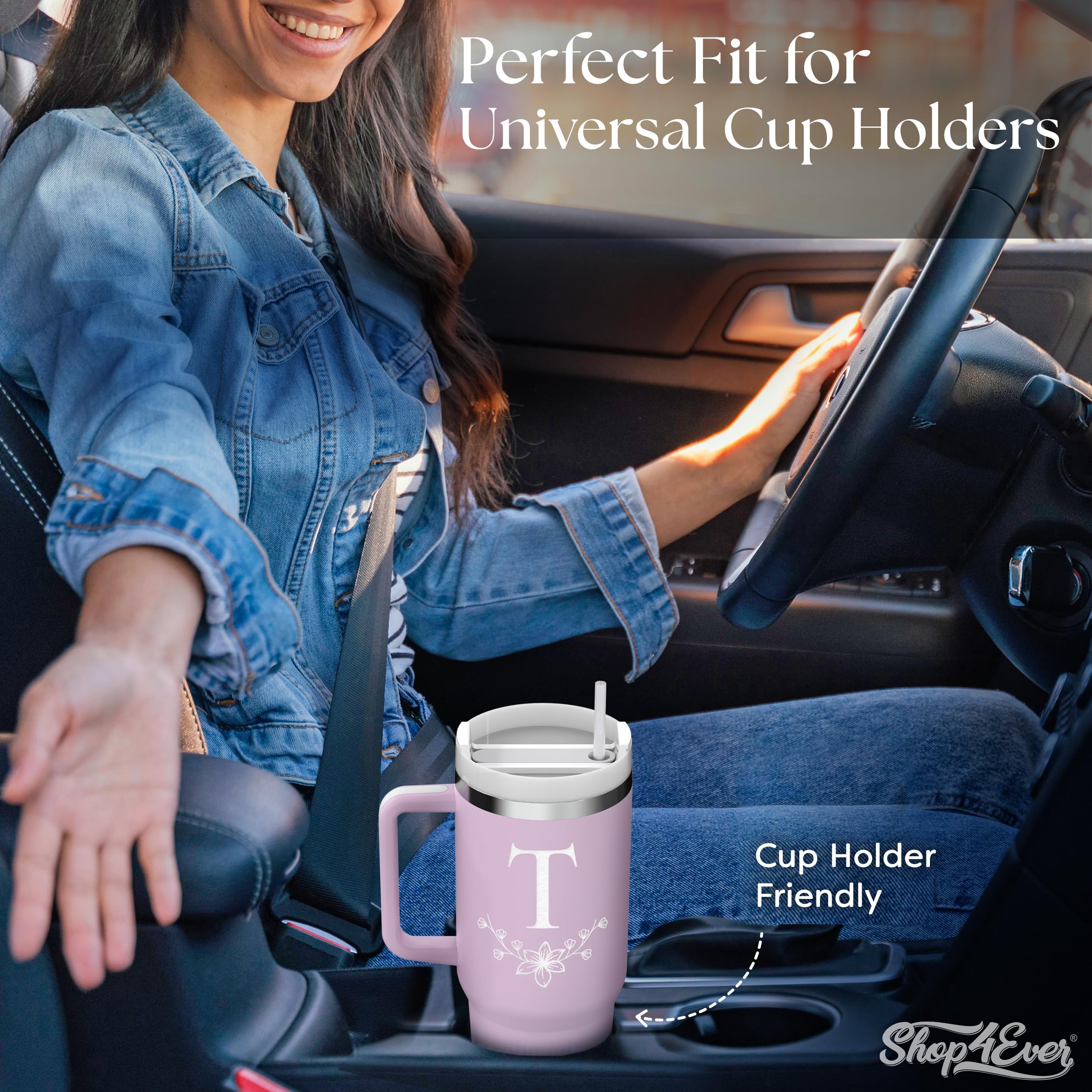 Custom Personalized Floral Flower Monogam Initial Letter A-Z Engraved Insulated Stainless Steel Tumbler with Handle, Lid, and Straw 40 oz. Monogrammed Gift for Her