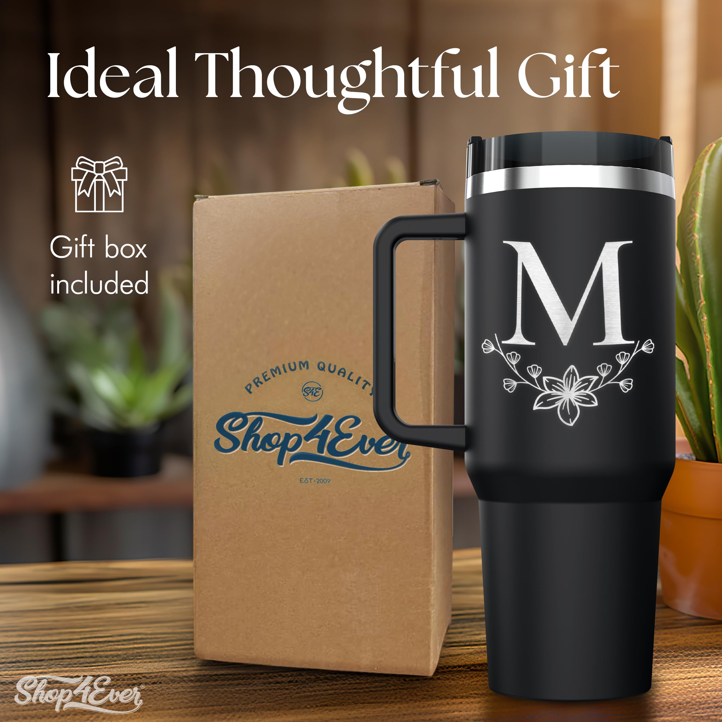 Custom Personalized Floral Flower Monogam Initial Letter A-Z Engraved Insulated Stainless Steel Tumbler with Handle, Lid, and Straw 40 oz. Monogrammed Gift for Her