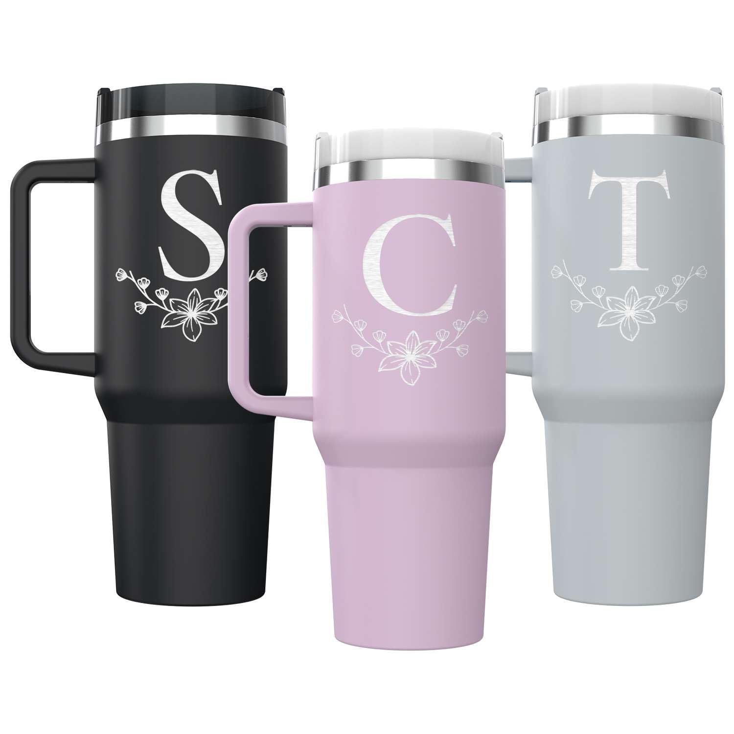Custom Personalized Floral Flower Monogam Initial Letter A-Z Engraved Insulated Stainless Steel Tumbler with Handle, Lid, and Straw 40 oz. Monogrammed Gift for Her