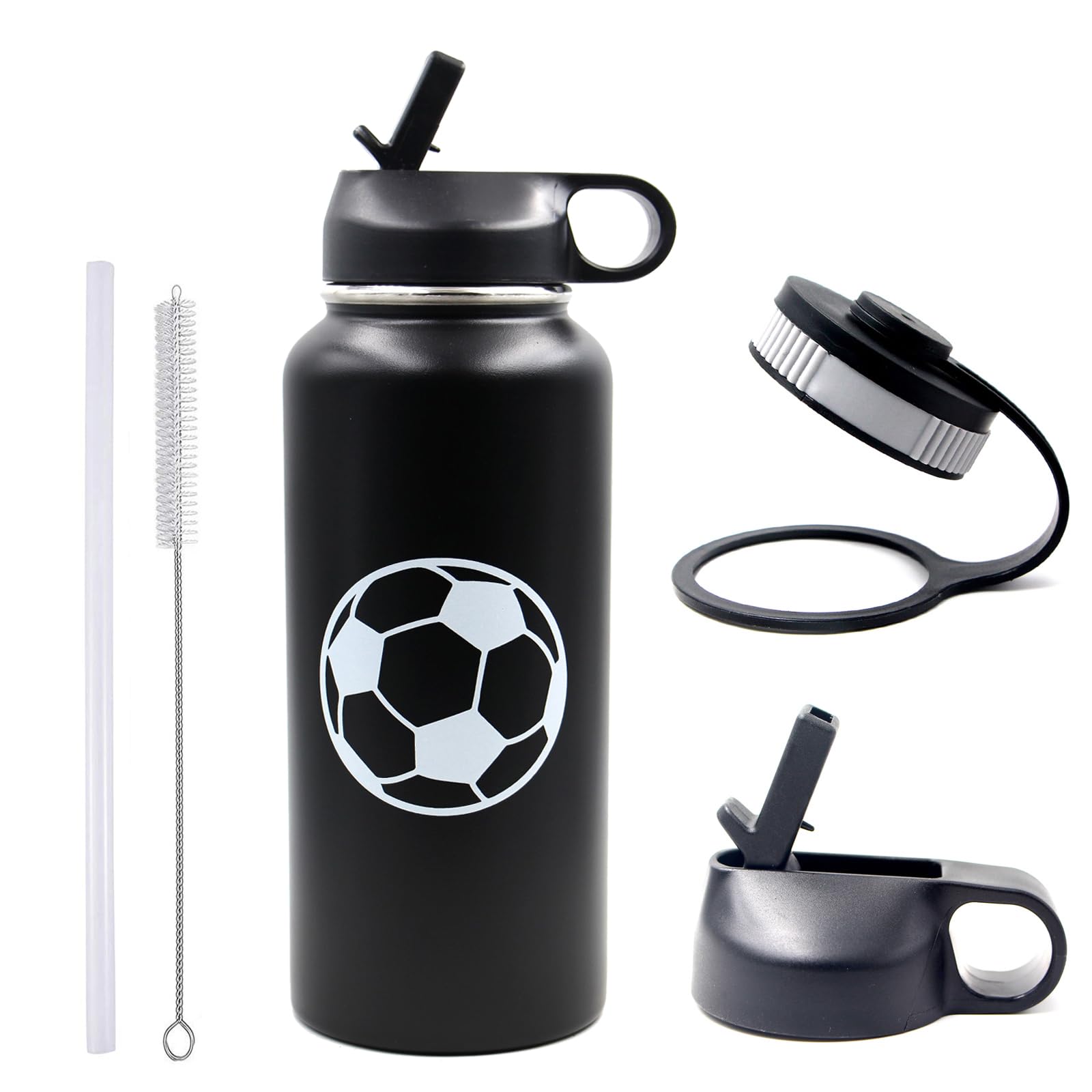 32oz Soccer Water Bottle, Wide Mouth Sports Flask with 2 Lids Straw Lid and Flex Cap, Stainless Steel Double Wall Vacuum Leak Proof Insulated Sports Water Bottles (32oz, Soccer)