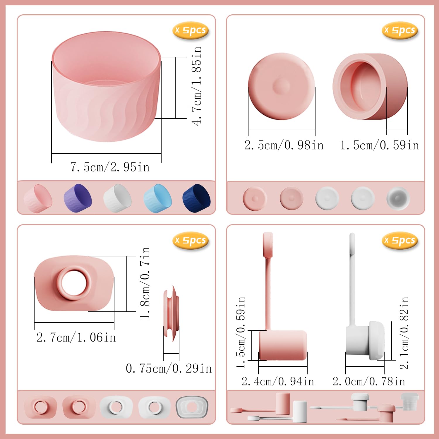 BOSOIRSOU 20 pcs Cup Accessories Set, 5 Square Silicone Leak-Proof Stoppers, 5 Round Leak-Proof Stoppers, 5 Straw Covers Boots, 5 Cup Sleeves for 40 oz Tumbler Bottom Protector Flask