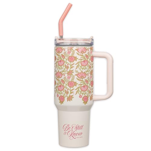 Christian Art Gifts Extra Large Stainless Steel Double Wall Vacuum Insulated Travel Tumbler for Women: Be Still Inspirational Scripture, Lid, Reusable Straw, Wide Handle, White & Pink Floral, 40 oz.