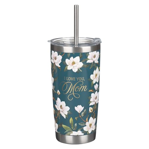 Christian Art Gifts Large Stainless Steel Double Wall Vacuum Insulated Travel Tumbler for Mothers: Love You, Mom, Inspiring Scripture, Hot/Cold, Flip Top Lid, Resusable Straw, Dark Teal Floral, 18 oz.