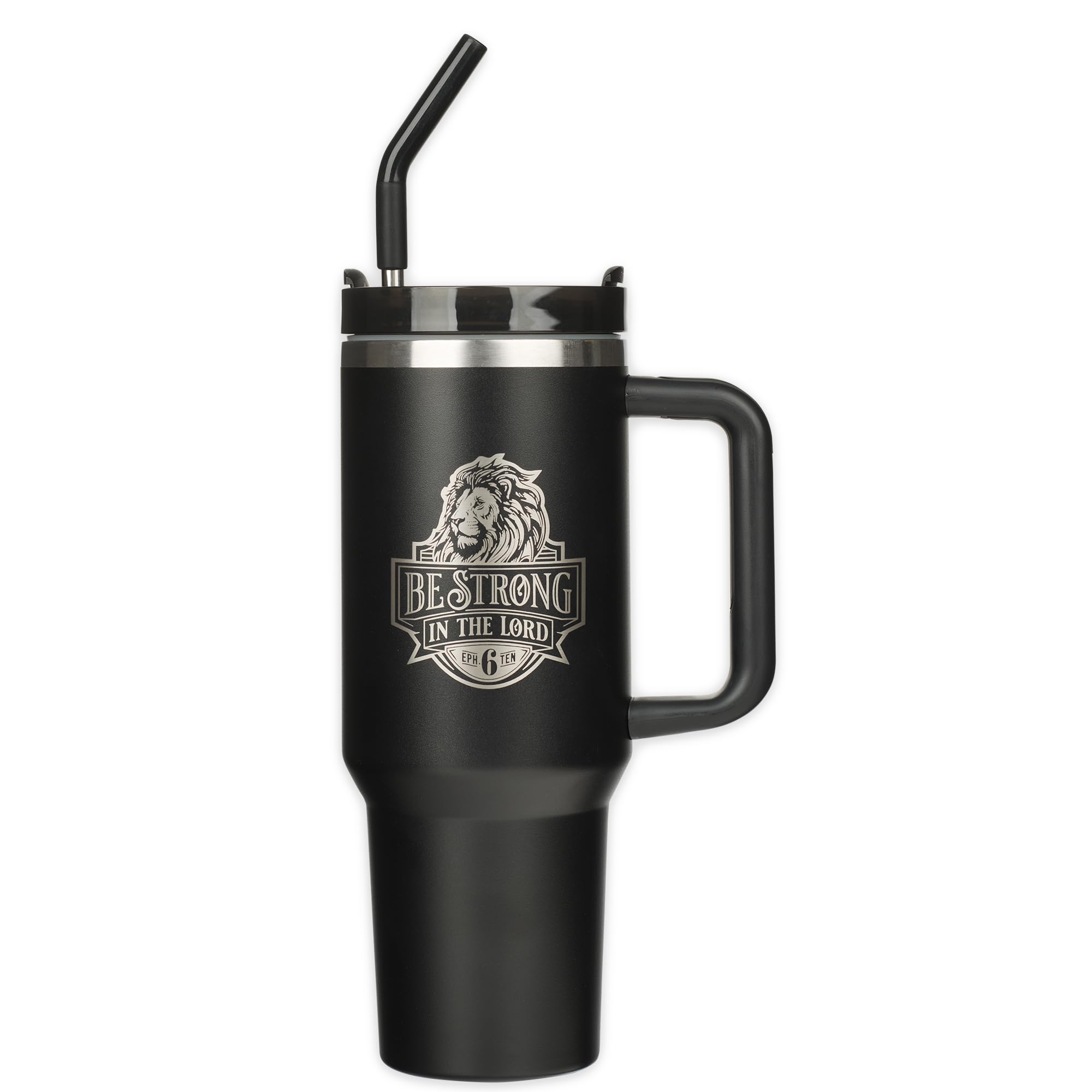 Christian Art Gifts Extra Large Stainless Steel Double Wall Vacuum Insulated Travel Tumbler for Men & Women: Be Strong Scripture, Silver Laser Engraved Lion, Lid, Straw, Wide Handle, Black, 40 oz.
