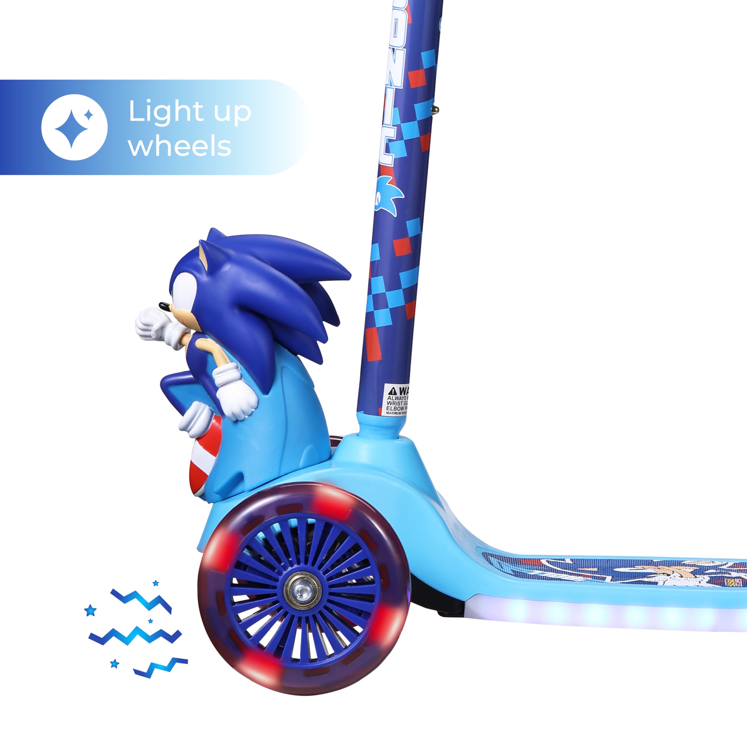 Sonic The Hedgehog 3D Kick Scooter for Kids, Self-Balancing 3 Wheeled Light Up Scooter with Extra Wide Anti-Slip Deck, Rear Brake, Lean to Steer, Lightweight Design, for Kids 3 and up, 75 LB Limit