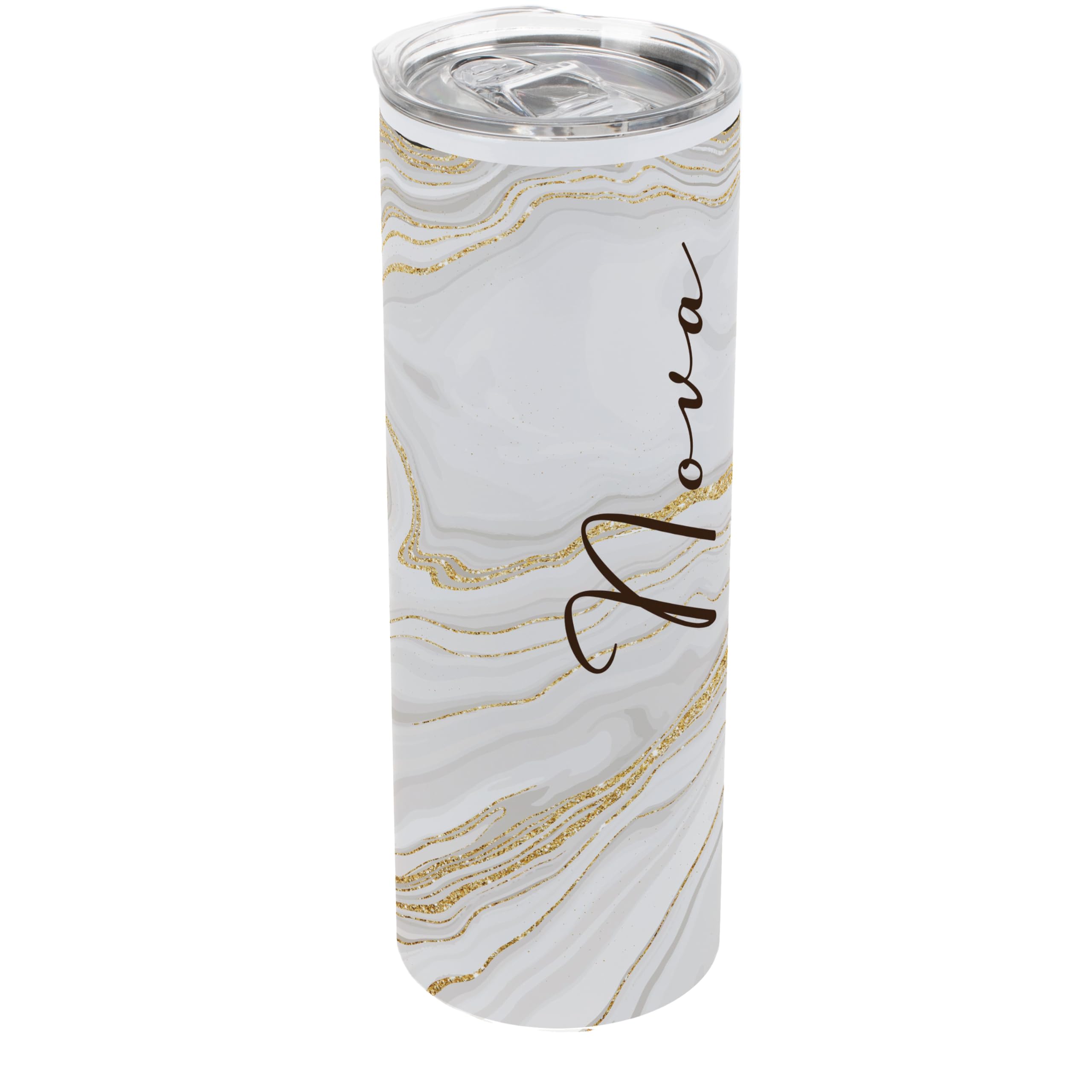 Elanze Designs Nova Name, White & Gold Glitter Marble Wrap-Around Design 20 Ounce Stainless Steel On-The-Go Coffee Travel Insulated Skinny Tumbler Mug Cup with Slide Top Lid
