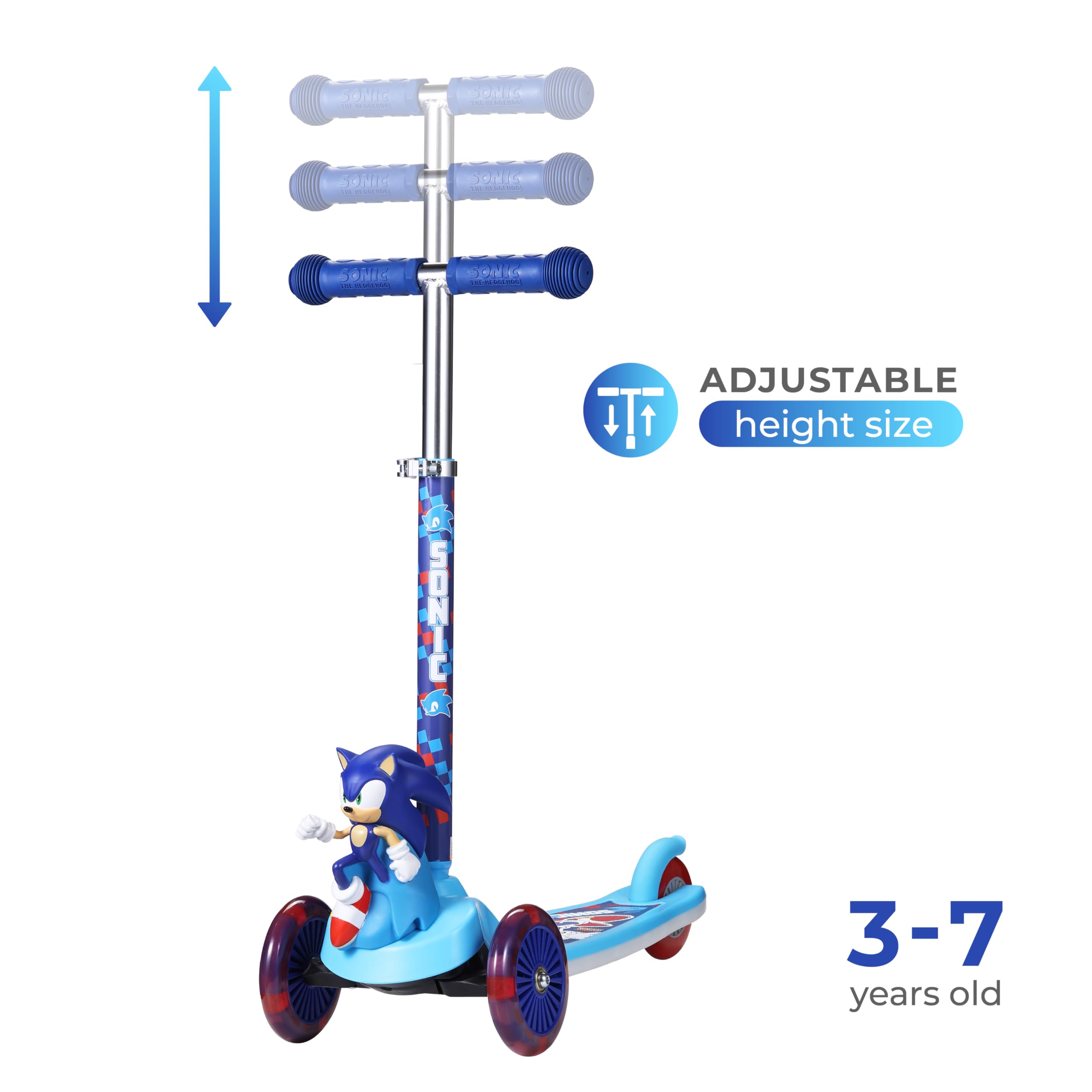 Sonic The Hedgehog 3D Kick Scooter for Kids, Self-Balancing 3 Wheeled Light Up Scooter with Extra Wide Anti-Slip Deck, Rear Brake, Lean to Steer, Lightweight Design, for Kids 3 and up, 75 LB Limit