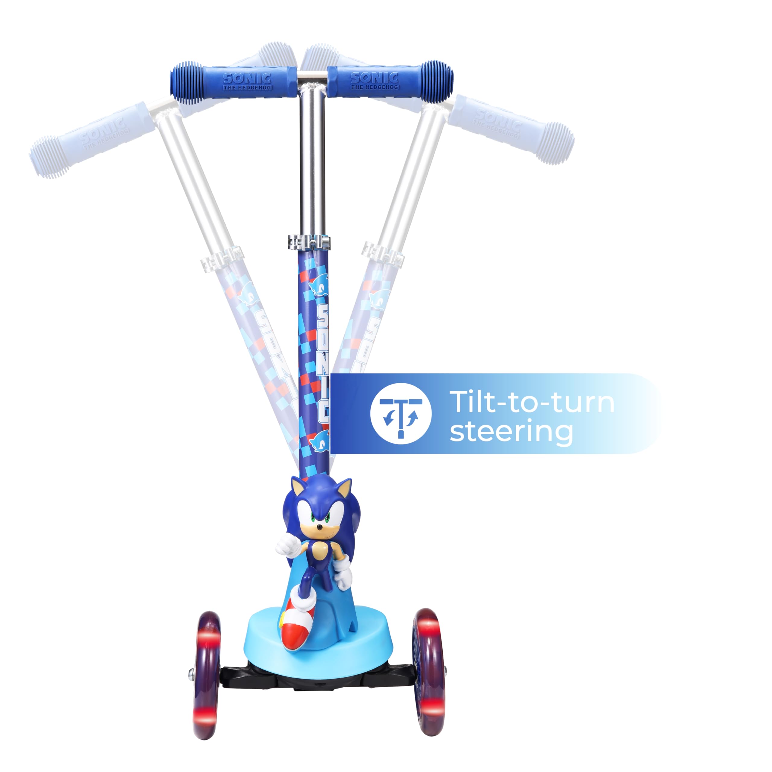Sonic The Hedgehog 3D Kick Scooter for Kids, Self-Balancing 3 Wheeled Light Up Scooter with Extra Wide Anti-Slip Deck, Rear Brake, Lean to Steer, Lightweight Design, for Kids 3 and up, 75 LB Limit