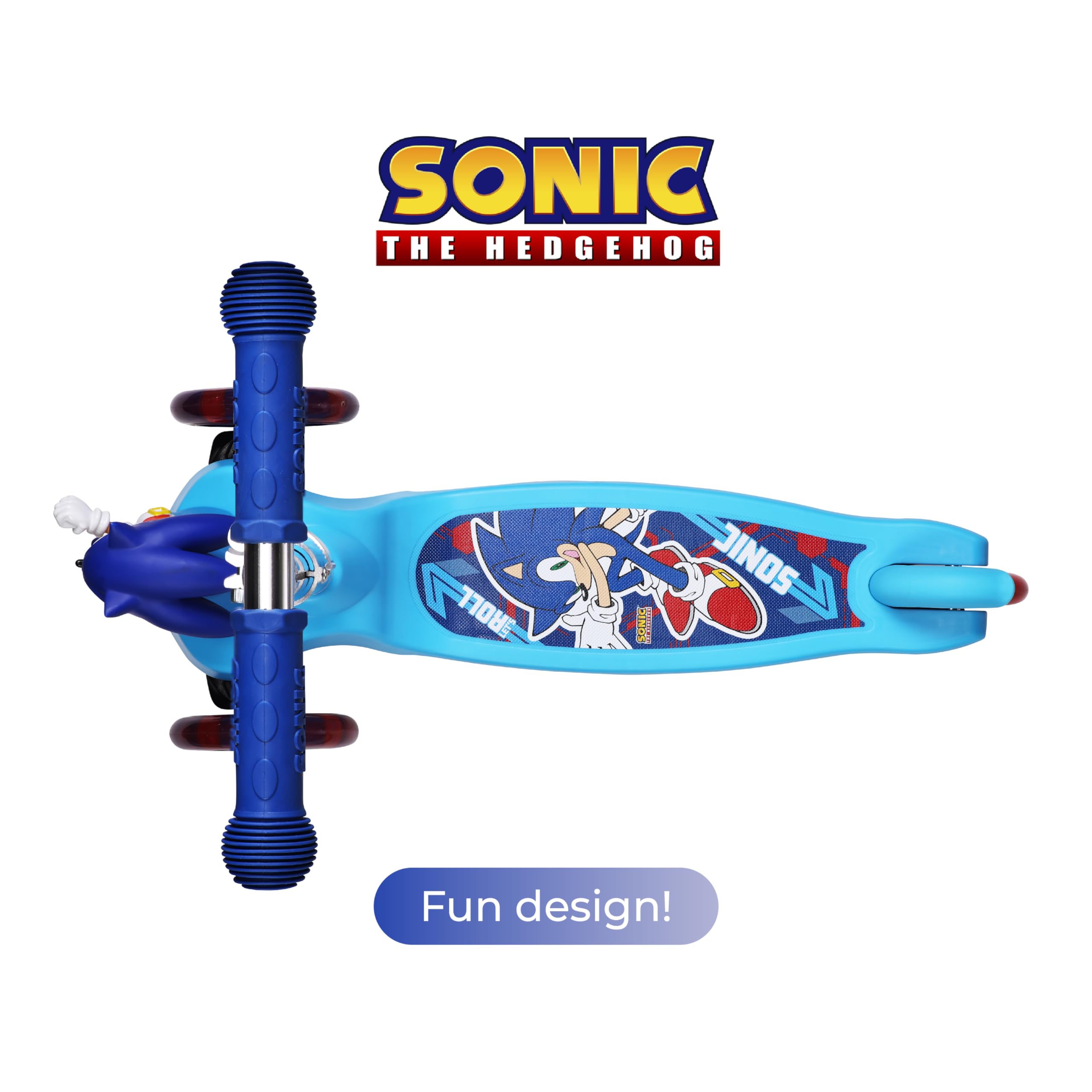 Sonic The Hedgehog 3D Kick Scooter for Kids, Self-Balancing 3 Wheeled Light Up Scooter with Extra Wide Anti-Slip Deck, Rear Brake, Lean to Steer, Lightweight Design, for Kids 3 and up, 75 LB Limit