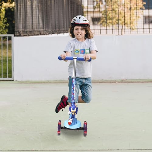 Sonic The Hedgehog 3D Kick Scooter for Kids, Self-Balancing 3 Wheeled Light Up Scooter with Extra Wide Anti-Slip Deck, Rear Brake, Lean to Steer, Lightweight Design, for Kids 3 and up, 75 LB Limit