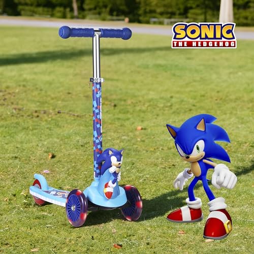 Sonic The Hedgehog 3D Kick Scooter for Kids, Self-Balancing 3 Wheeled Light Up Scooter with Extra Wide Anti-Slip Deck, Rear Brake, Lean to Steer, Lightweight Design, for Kids 3 and up, 75 LB Limit