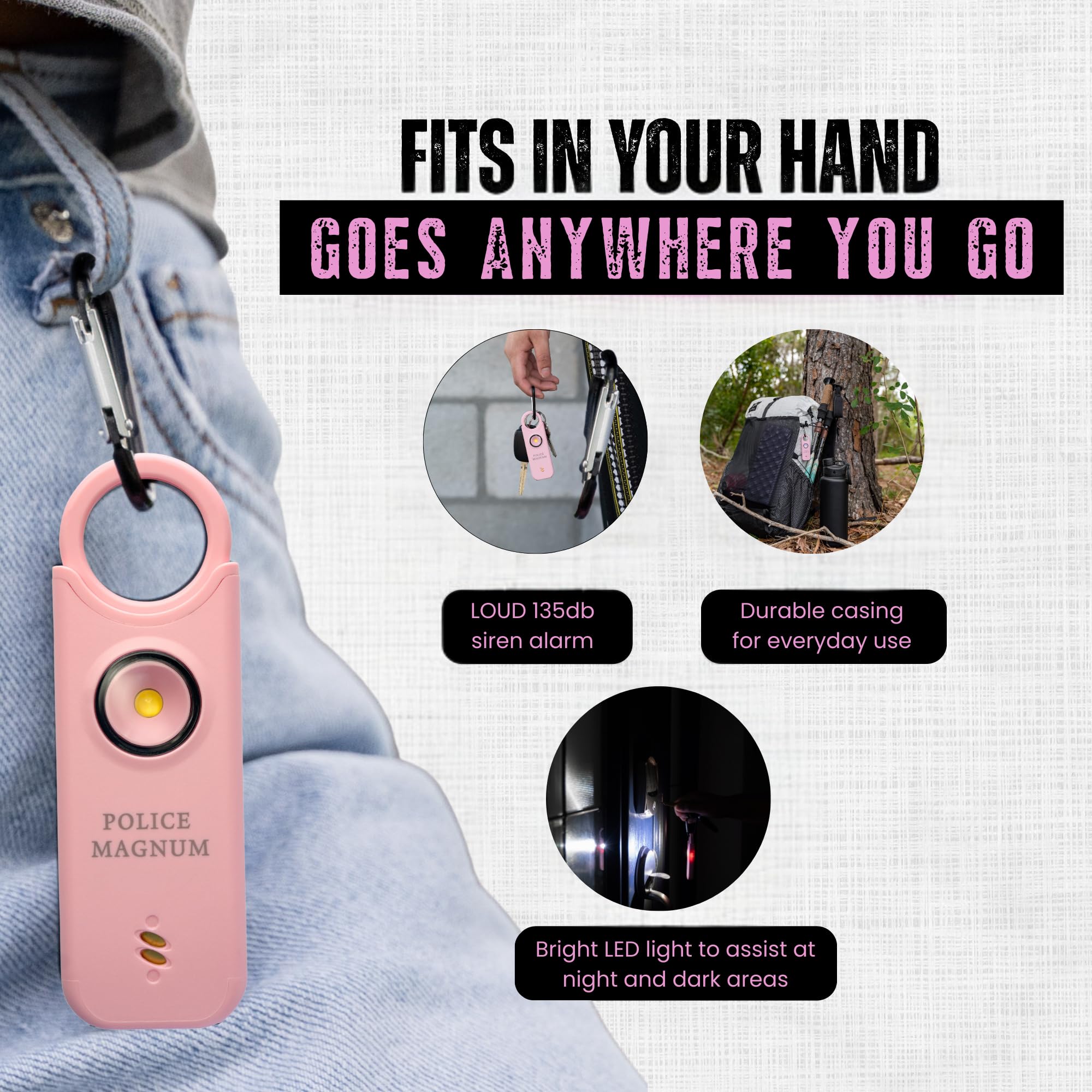 Police Magnum Personal Safety Alarm & Pepper Spray Combo Self Defense Pack for Women- Loud 135db Siren with Light & Max Strength Flip Top Pepper Spray Protection (Pink)