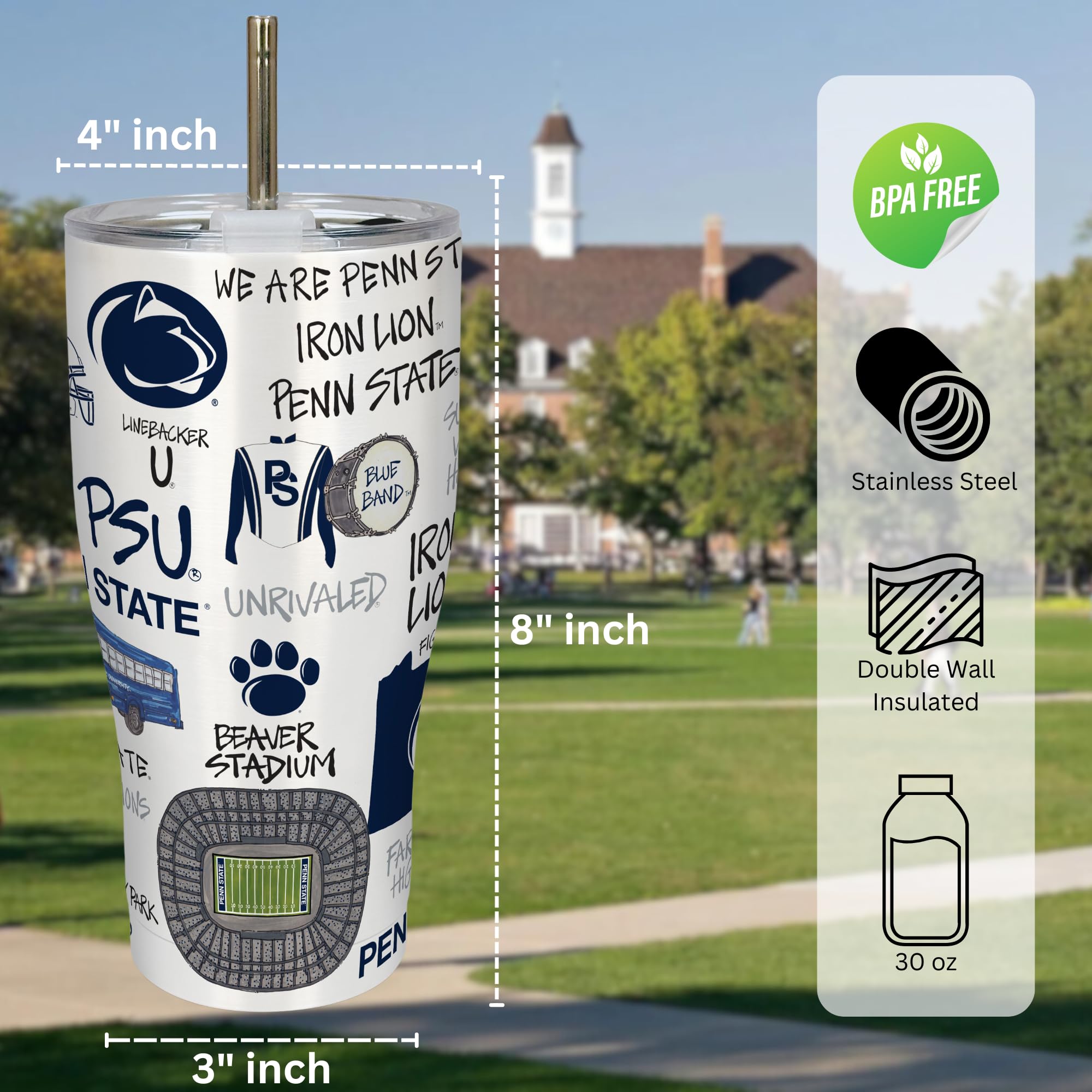 Penn State University 30oz Stainless Steel 3D Icon Travel Mug –High Performance Double-Walled Thermos w/Convertible Lid & Straw –Insulated Decorative NCAA Beverage Tumbler –For Hot or Cold Drinks