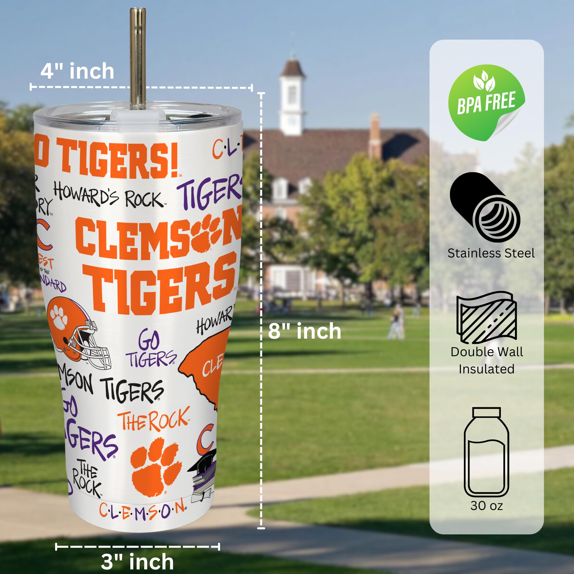 Clemson University 30oz Stainless Steel 3D Icon Travel Mug – High Performance Double-Walled Thermos w/Convertible Lid & Straw – Insulated Decorative NCAA Beverage Tumbler – For Hot or Cold Drinks