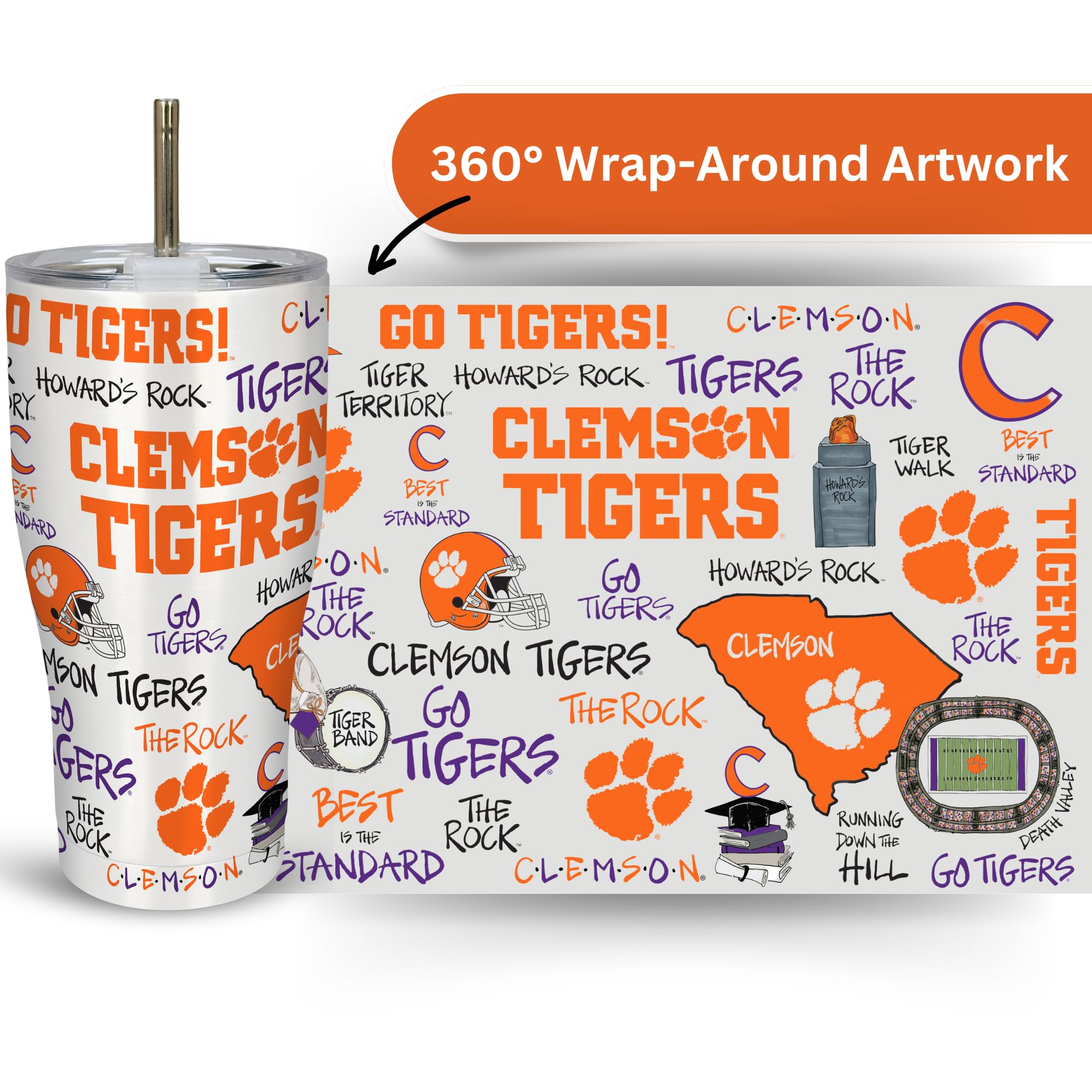 Clemson University 30oz Stainless Steel 3D Icon Travel Mug – High Performance Double-Walled Thermos w/Convertible Lid & Straw – Insulated Decorative NCAA Beverage Tumbler – For Hot or Cold Drinks