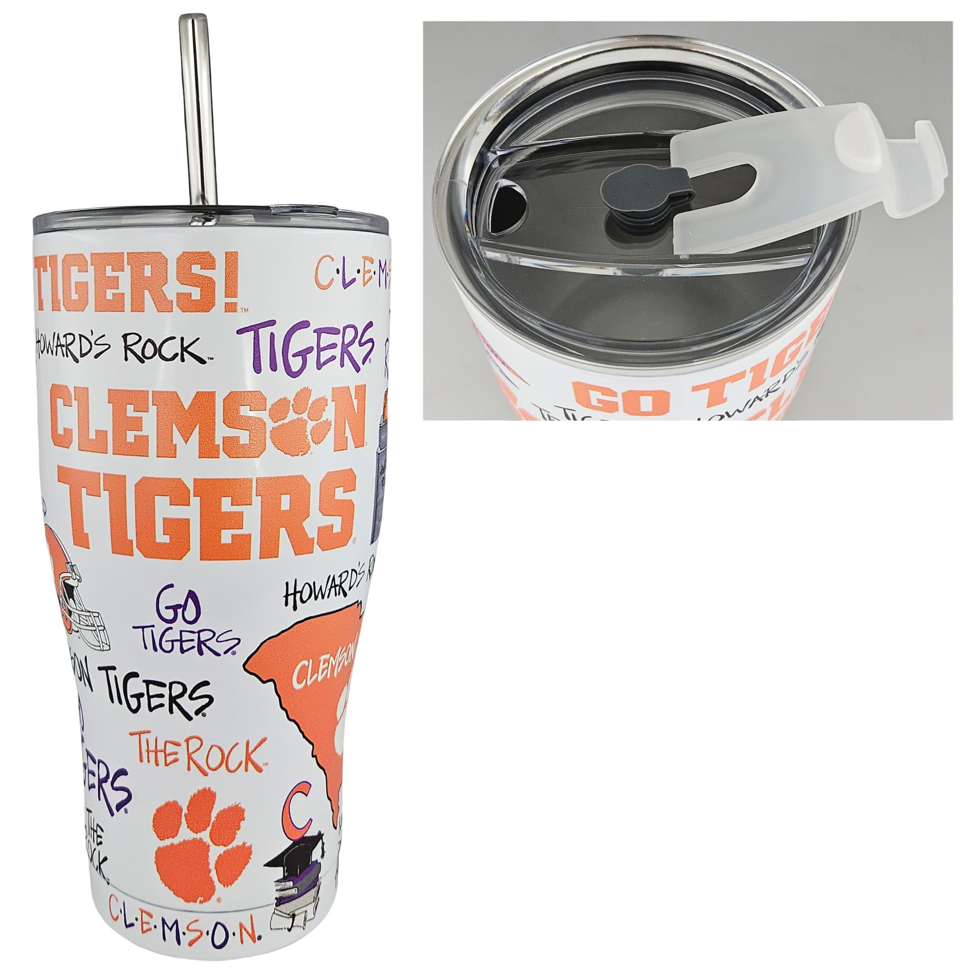 Clemson University 30oz Stainless Steel 3D Icon Travel Mug – High Performance Double-Walled Thermos w/Convertible Lid & Straw – Insulated Decorative NCAA Beverage Tumbler – For Hot or Cold Drinks