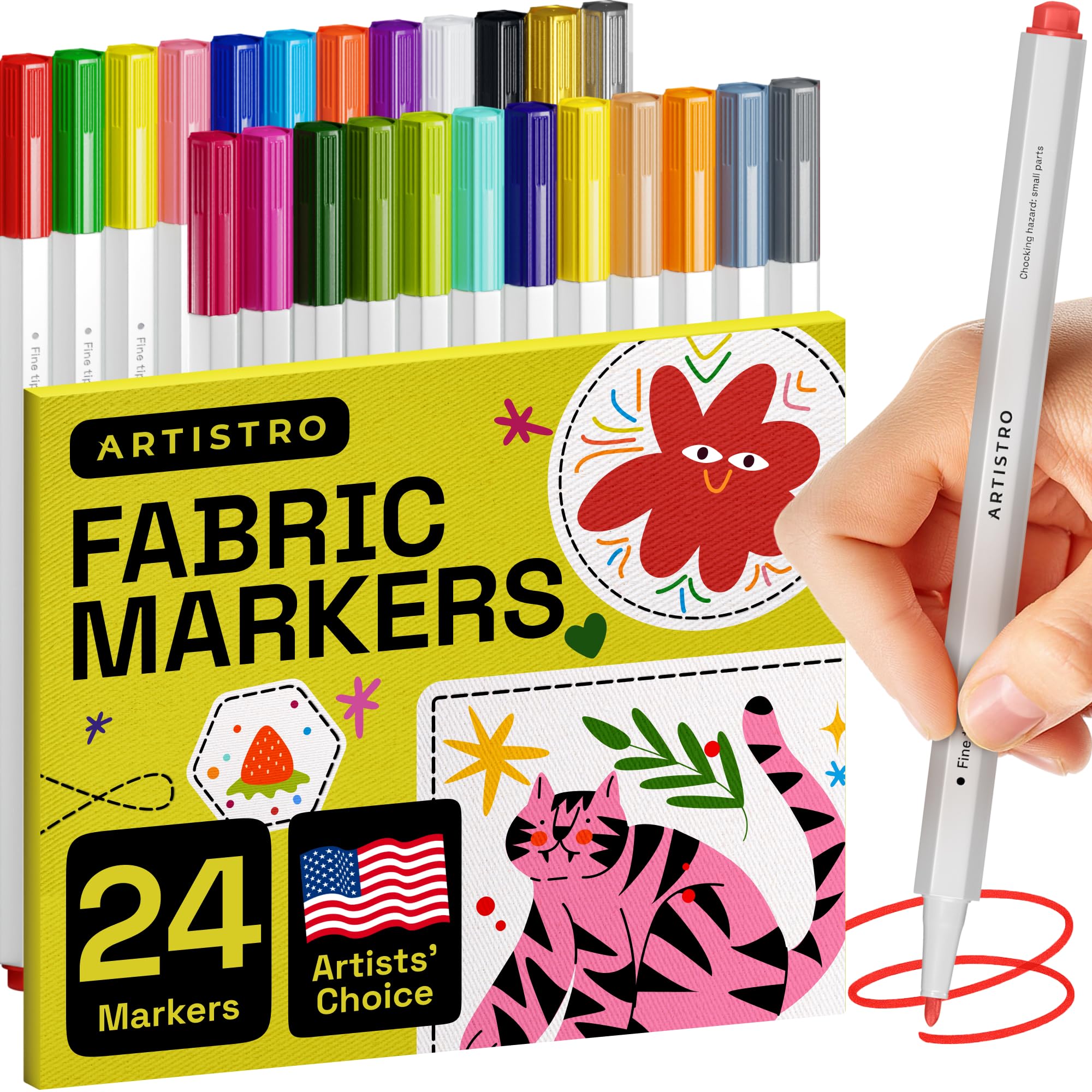 ARTISTRO 24 Fabric Markers - Fine Tip Permanent Decorating Kit for Clothes - No Bleed Pens for T-Shirts, Bags, Textile, Canvas, and More