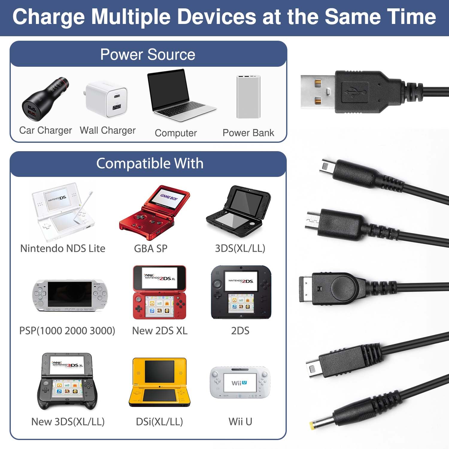 Mart Cobra USB Charger Cable for New 3DS XL/New 3DS/3DS XL/3DS/new 2DS XL/2DS/DS/DSi/GBA SP/DS Lite/Wii U Gamepad/PSP/Compatible 5 in 1 Nintendo 3DS Charger, Nintendo DS Charger, Gameboy Advance SP