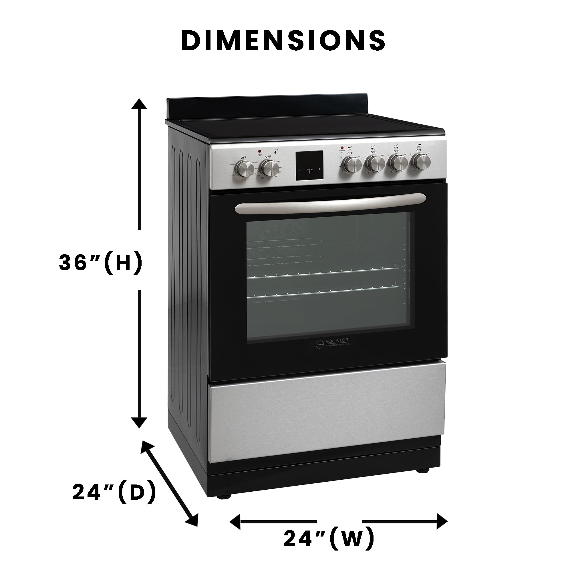 Equator Stainless Steel Electric Stove with Convection Oven, Air Fryer & Ceramic Cooktop 24-Inch, 4 Burners - Kitchen Cooking Range (SS)
