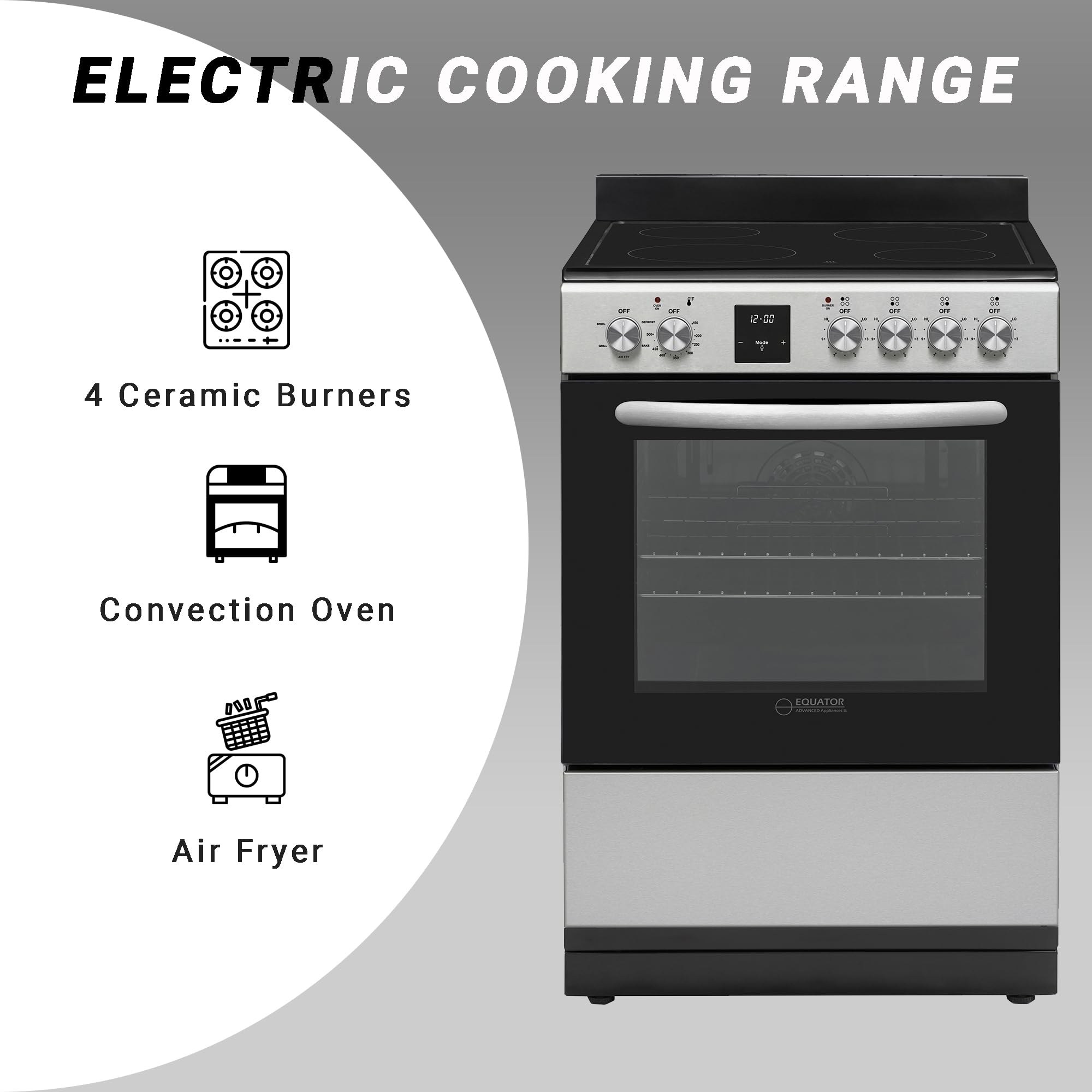 Equator Stainless Steel Electric Stove with Convection Oven, Air Fryer & Ceramic Cooktop 24-Inch, 4 Burners - Kitchen Cooking Range (SS)