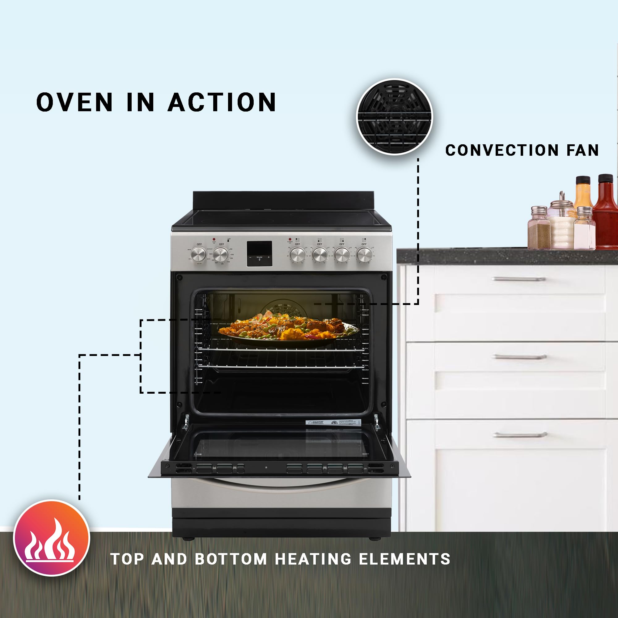 Equator Stainless Steel Electric Stove with Convection Oven, Air Fryer & Ceramic Cooktop 24-Inch, 4 Burners - Kitchen Cooking Range (SS)