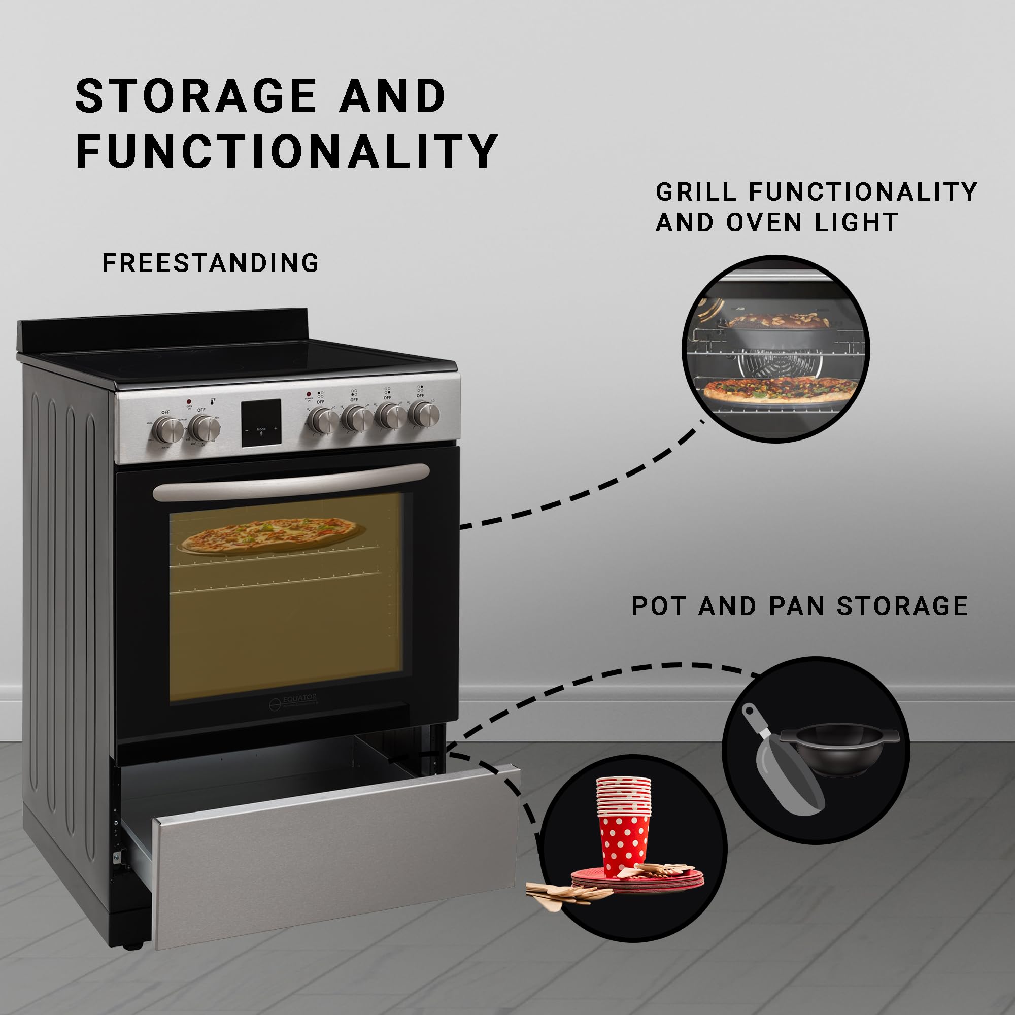 Equator Stainless Steel Electric Stove with Convection Oven, Air Fryer & Ceramic Cooktop 24-Inch, 4 Burners - Kitchen Cooking Range (SS)
