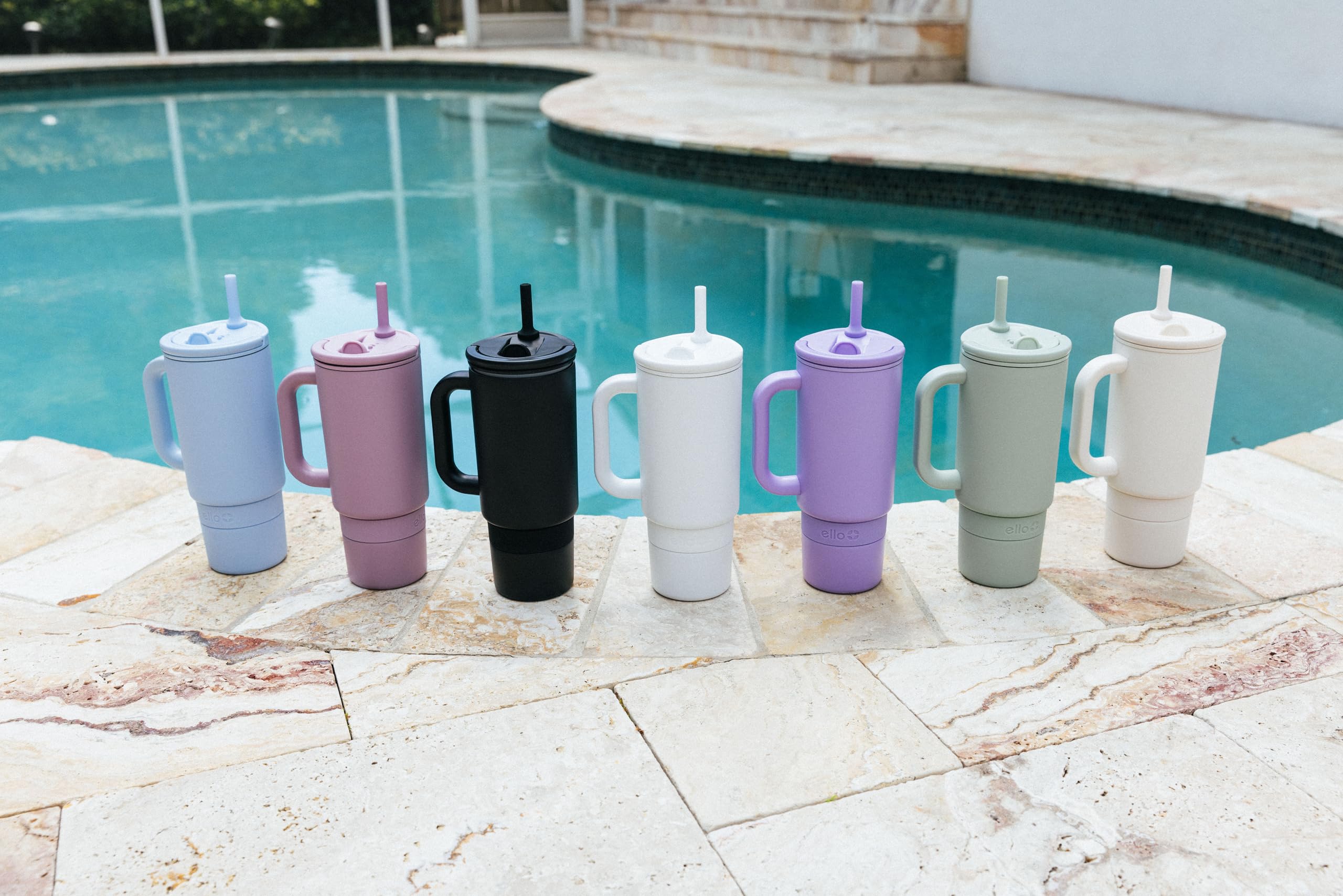 Ello Port 30oz Tumbler with Carry Loop & Integrated Handle, Vacuum Insulated Stainless Steel Reusable Water Bottle, Travel Mug with Leak Proof Lid & Straw, Perfect for Iced Coffee & Tea, Halogen Blue