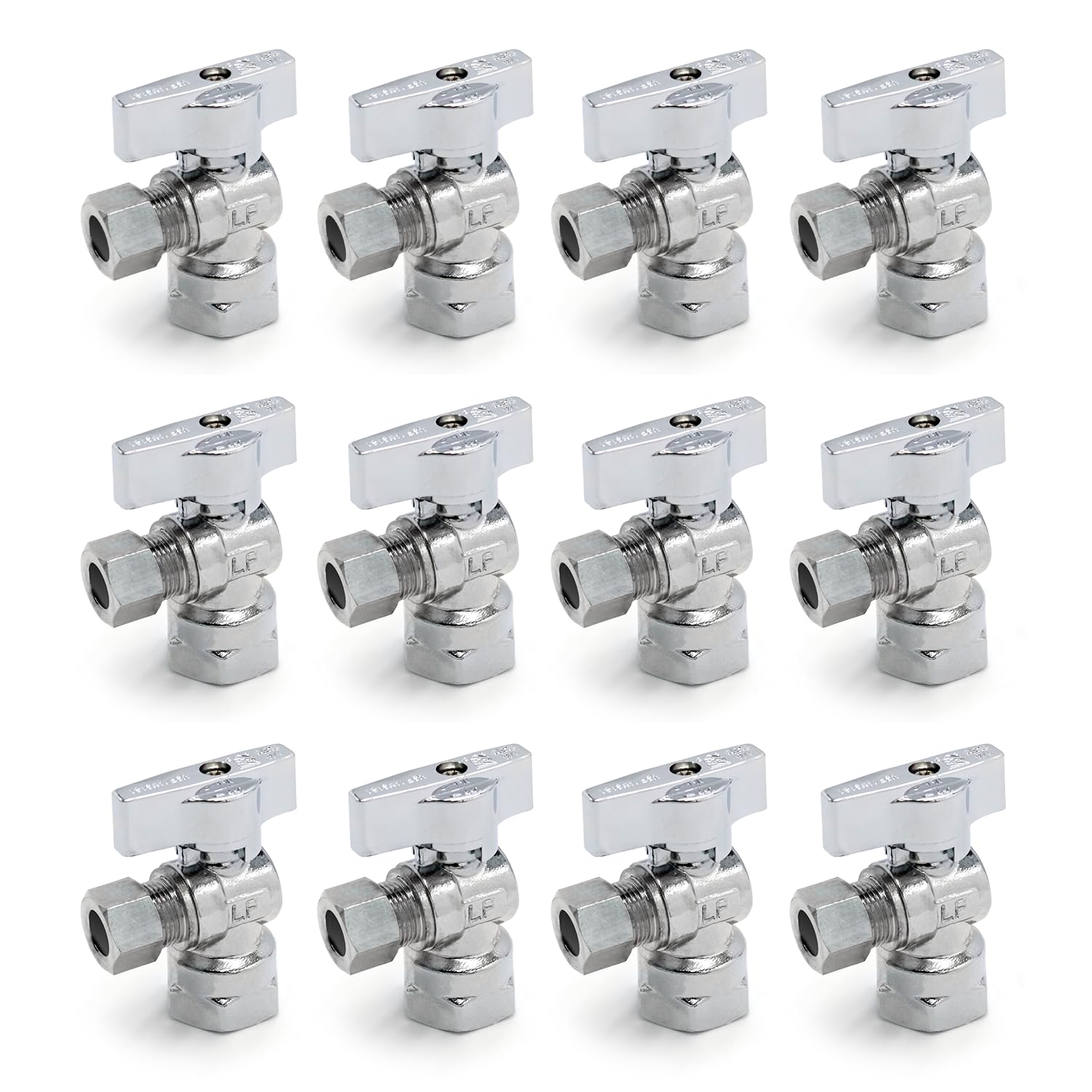 Lead-Free Brass, Quarter-Turn Angle Supply Stop Valves, 1/2" FIP Thread x 3/8" OD Compression (12Pack)