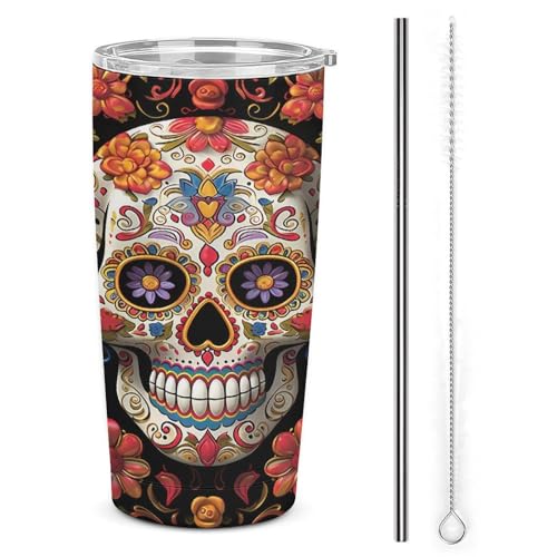 ZXDSKGYN 20 Oz Tumbler With Straw Leak Proof Thermos Cup, Sugar Skulls Stainless Steel Insulated Travel Coffee Mug Fit for Car Cup Holder