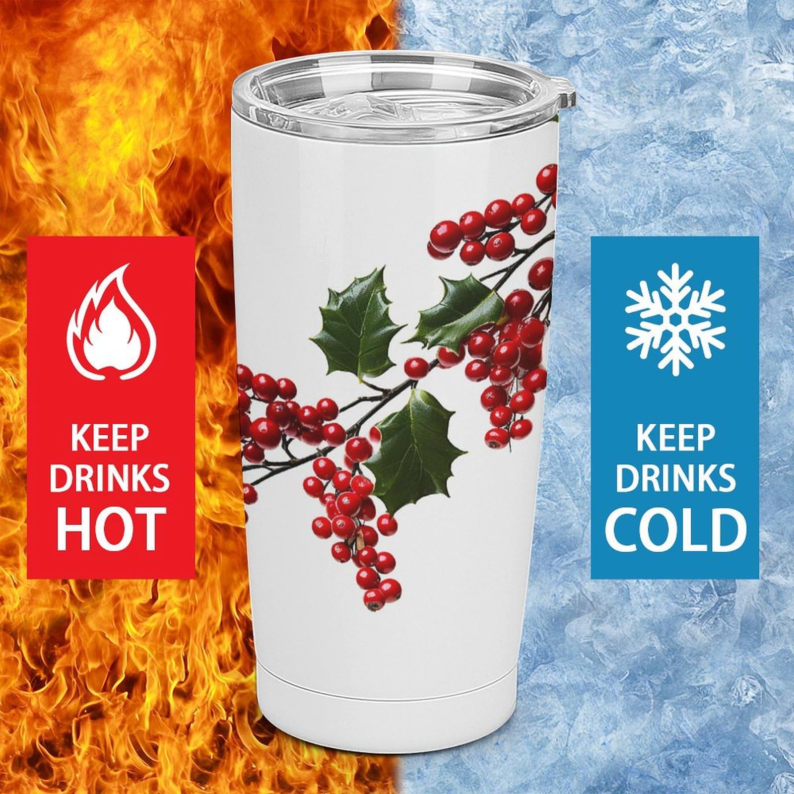 20 Oz Tumbler With Straw Leak Proof Thermos Cup, Holly Berry Branches Stainless Steel Insulated Travel Coffee Mug Fit for Car Cup Holder