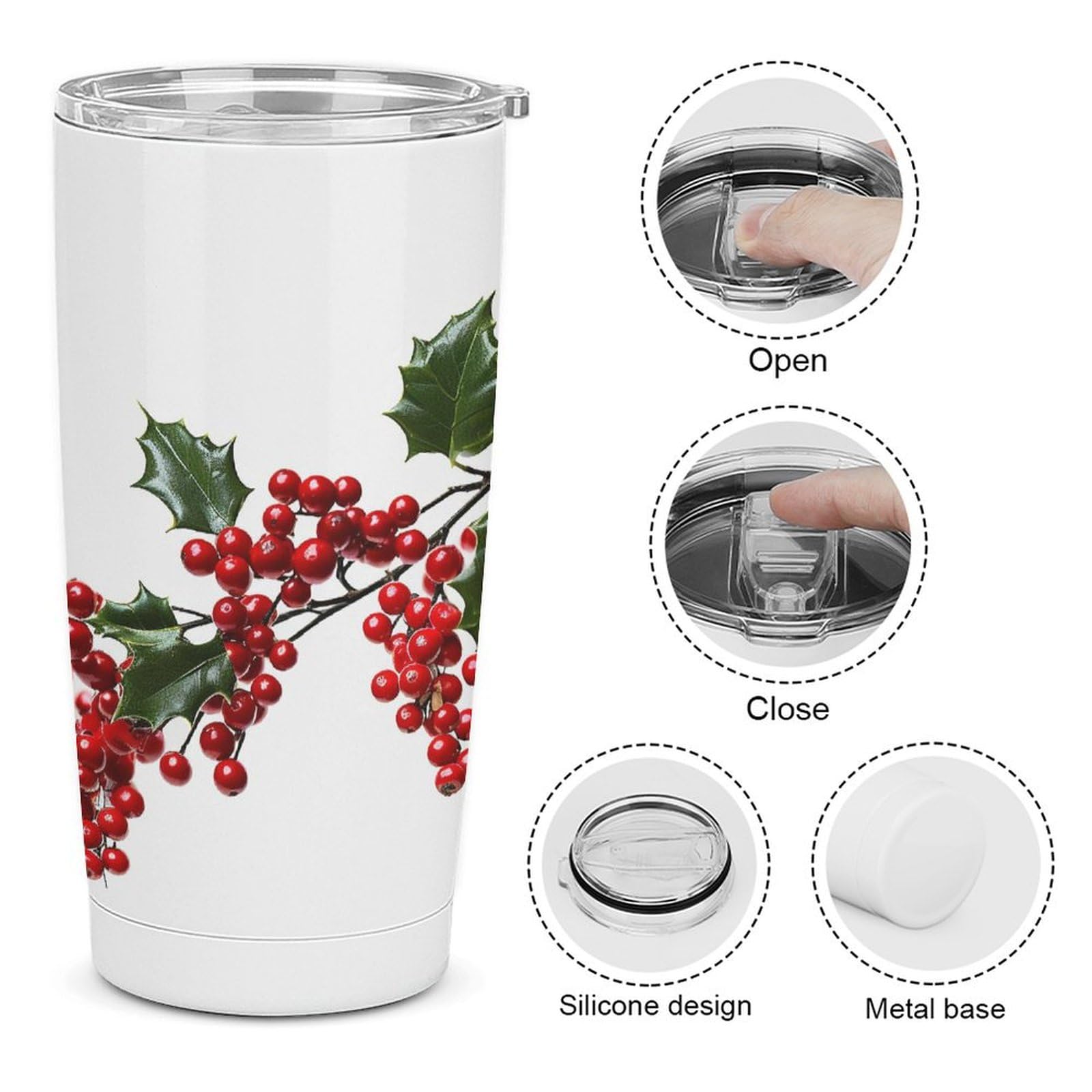 20 Oz Tumbler With Straw Leak Proof Thermos Cup, Holly Berry Branches Stainless Steel Insulated Travel Coffee Mug Fit for Car Cup Holder