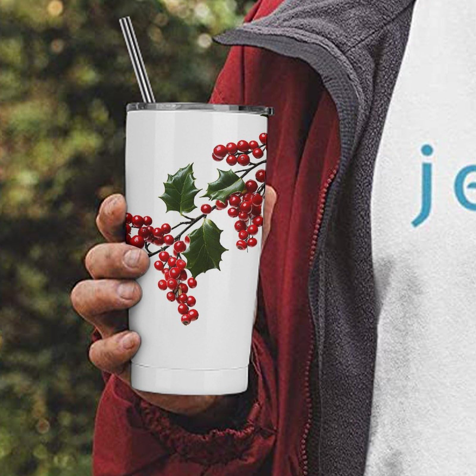 20 Oz Tumbler With Straw Leak Proof Thermos Cup, Holly Berry Branches Stainless Steel Insulated Travel Coffee Mug Fit for Car Cup Holder