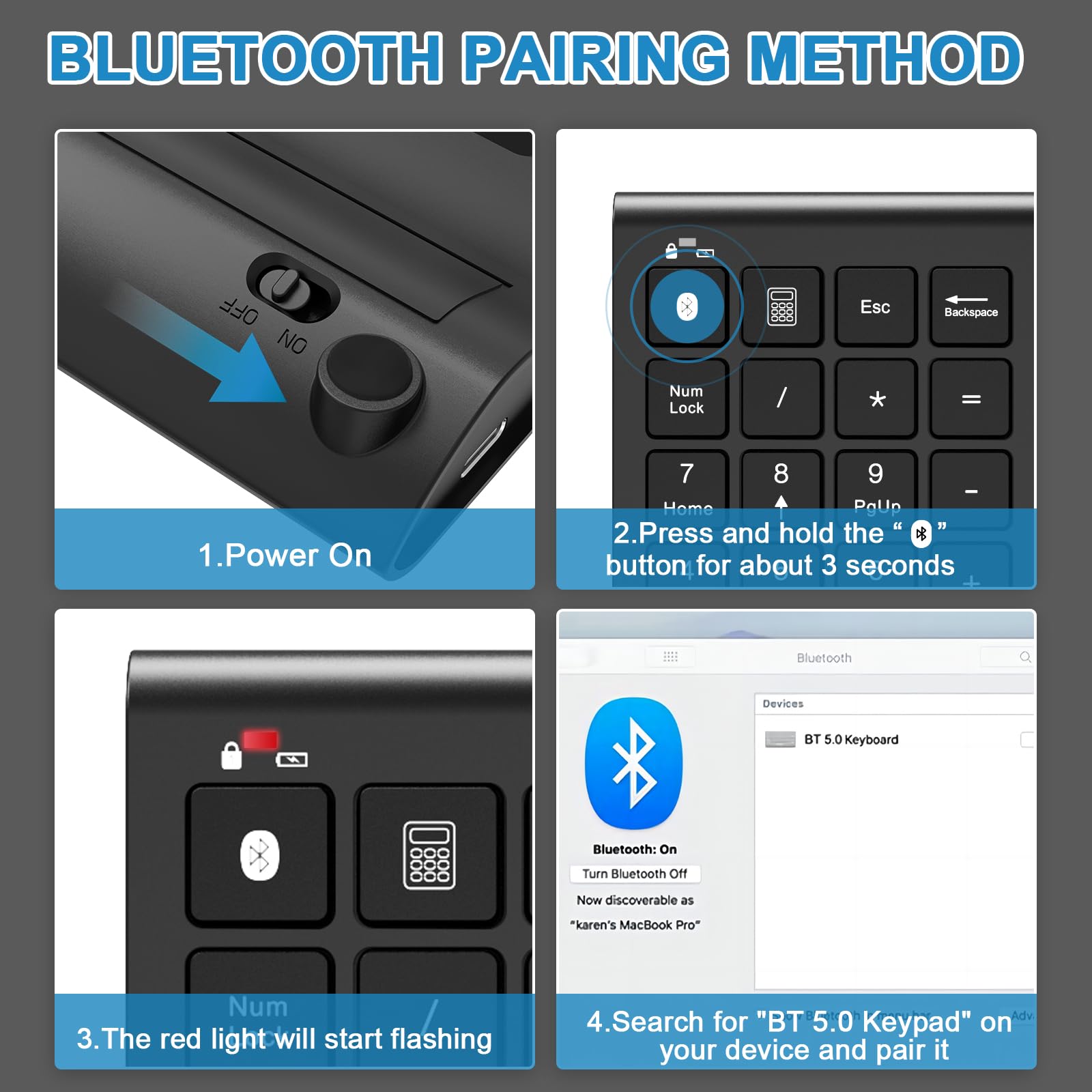 Bluetooth Number Pad Wireless & Wired 10 Key USB Keypad, Rechargeable Numpad for Laptops, Desktop, Computers Accessories Compatible with MacBook iPads ChromeBook EliteBook Notebook etc.