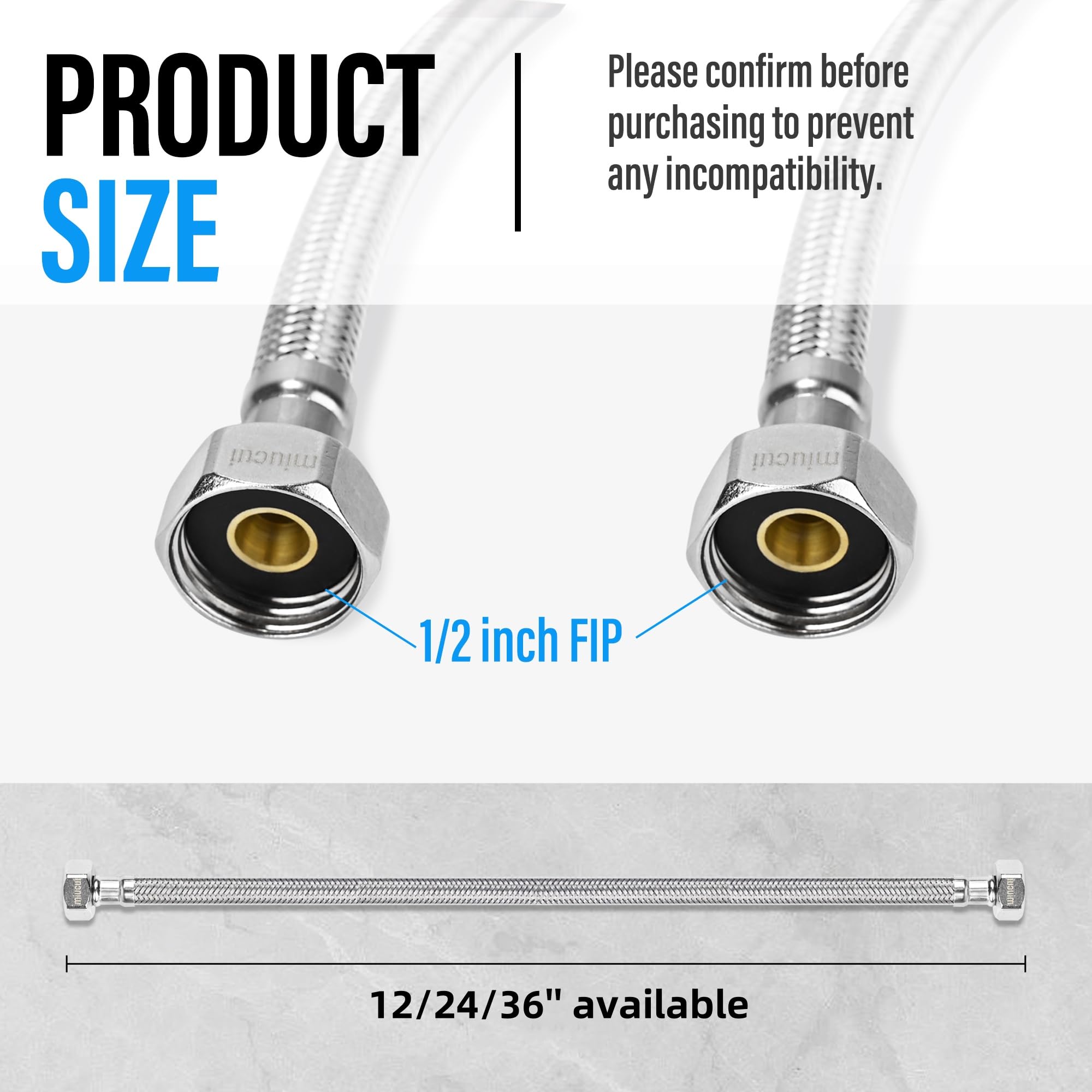 [4-Pack 12 Inch] 1/2" x 1/2" FIP Flexiable Faucet Supply Lines, Bathroom Faucet Hose Connector, 304 Stainless Steel Braided Water Supply Line for Kitchen