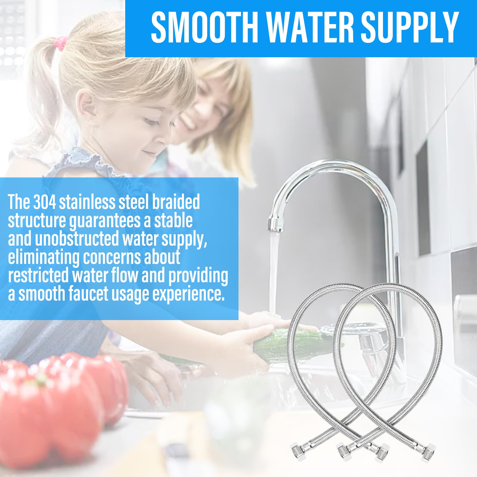 [4-Pack 12 Inch] 1/2" x 1/2" FIP Flexiable Faucet Supply Lines, Bathroom Faucet Hose Connector, 304 Stainless Steel Braided Water Supply Line for Kitchen