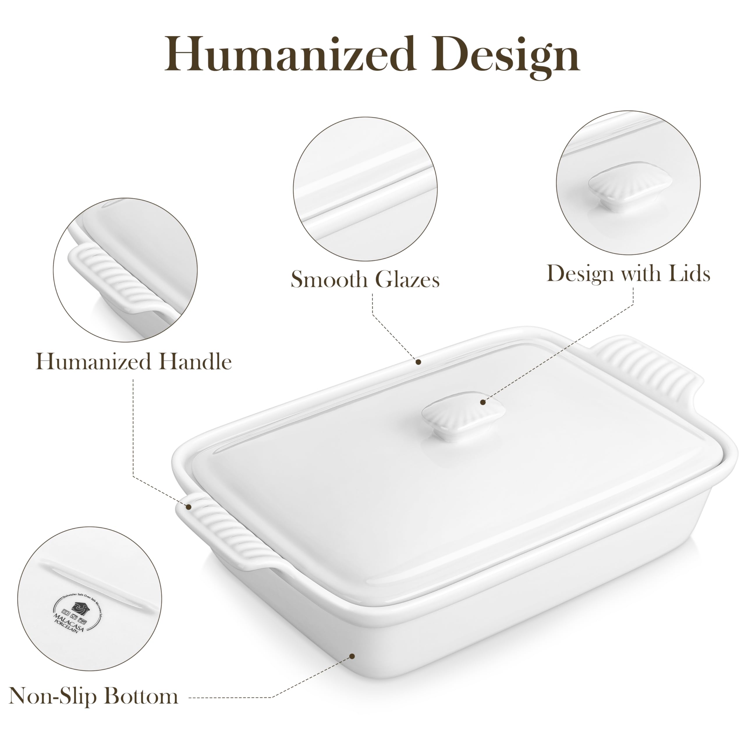MALACASA 3.4 Quart Baking Dish With Lid, Porcelain Casserole dish with Lid, 13 x 9 Lasagna Pan Deep with Lid, Rectangular Bakeware With Handle, Microwave, Oven Safe, White, Series BAKE