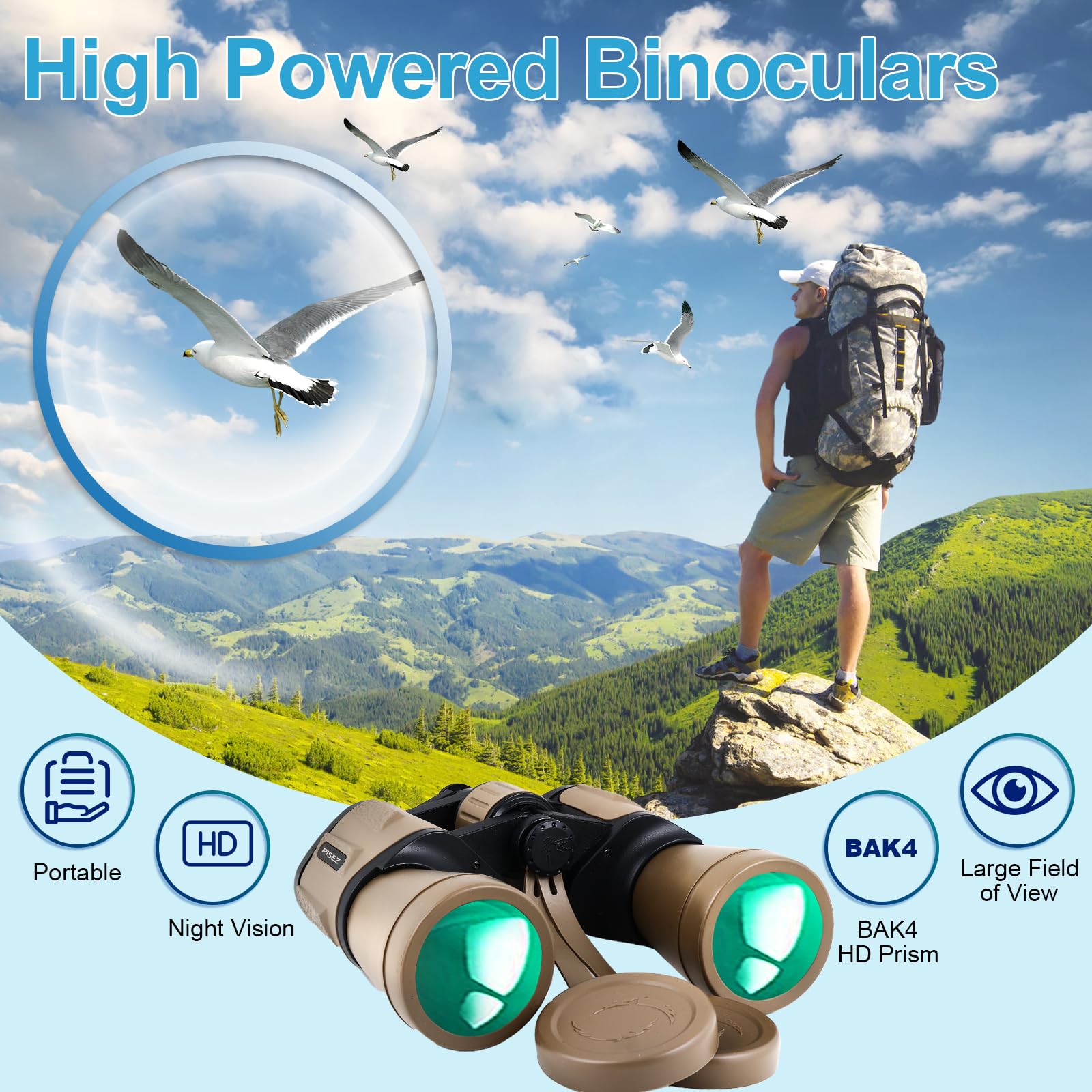 PISEZ 20X50 Binoculars for Adults High Powered with Low Light Vision，Large View Waterproof Binoculars for Bird Watching Hunting Concert Traveling Theater Opera Sightseeing