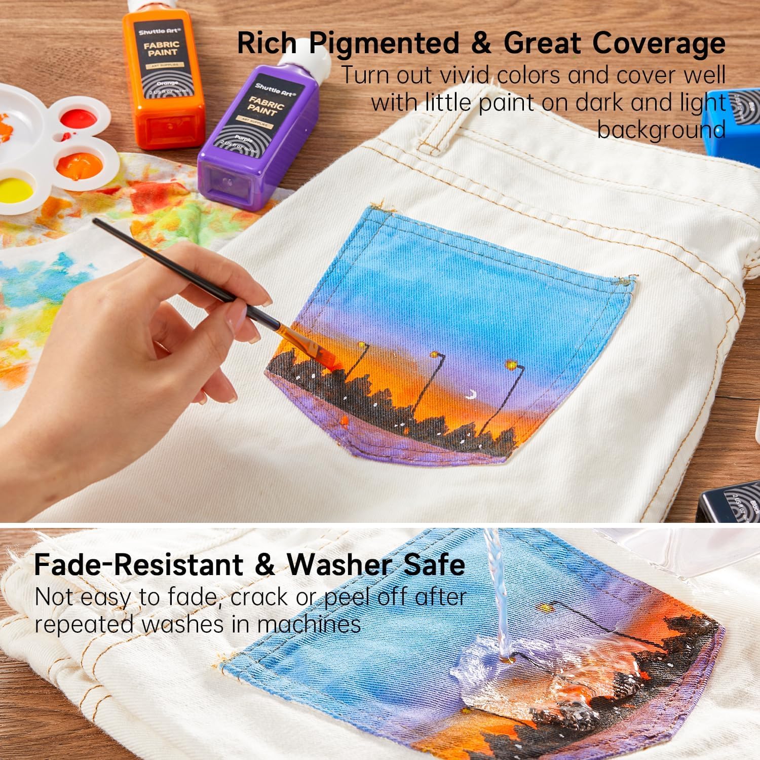 Shuttle Art 24 Colors Fabric Paint, 60ml/2oz Bottles, Permanent Soft Fabric Paint for Clothes with Brushes &Stencils, Non-Toxic Textile Paint for T-Shirts, Shoes, Jeans, Bags, DIY Projects & Crafts